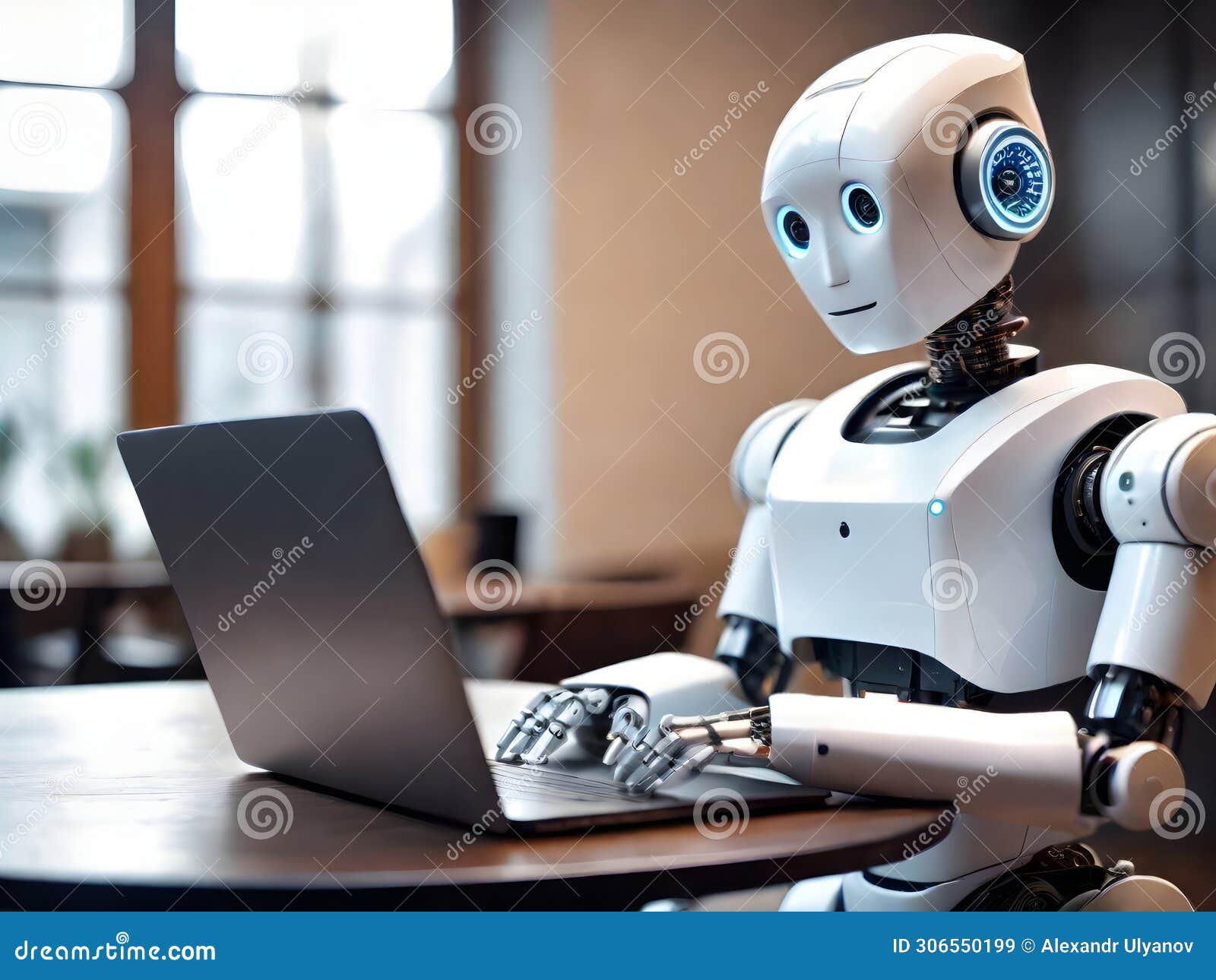 A Cute Robot is Working at a Computer Stock Image - Image of ...