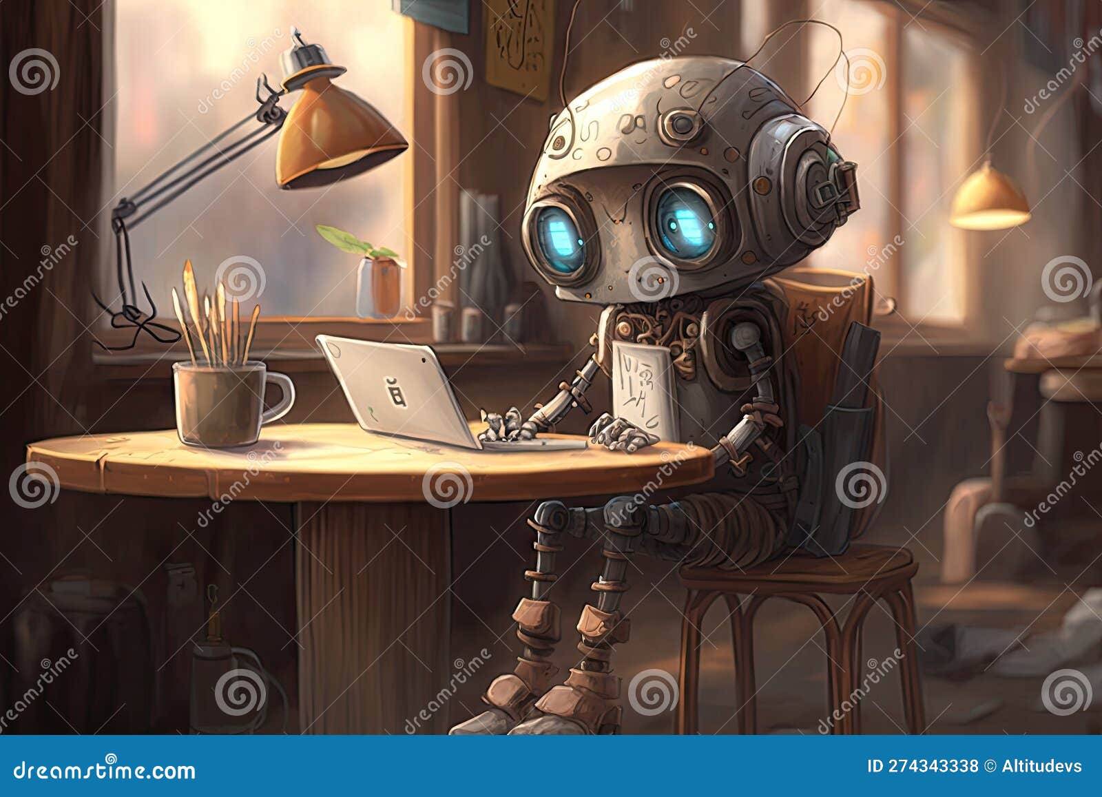 Cute Robot, Working on an Important Project for Work, in Quiet and ...