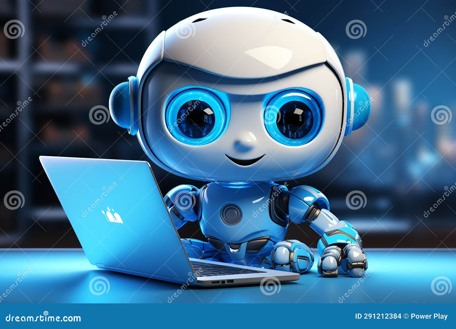 Cute Robot Working on a Laptop. 3d Render Stock Illustration ...