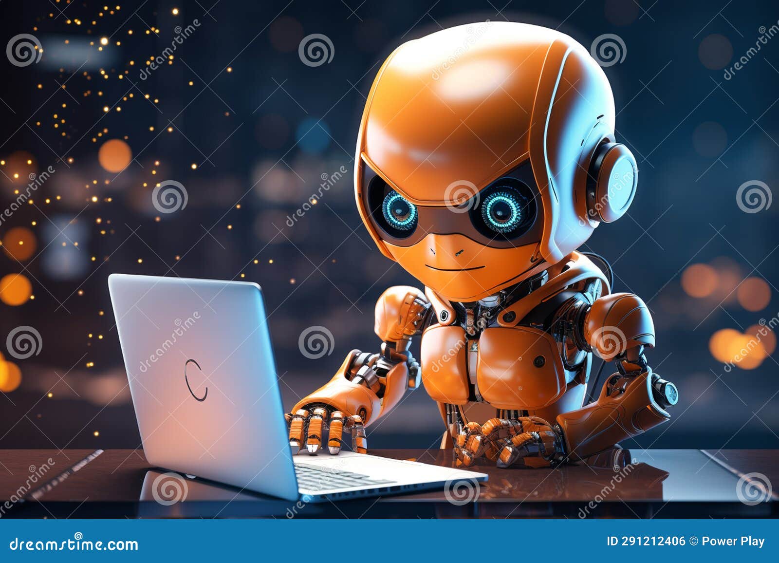 Cute Robot Working on a Laptop. 3d Render Stock Illustration ...