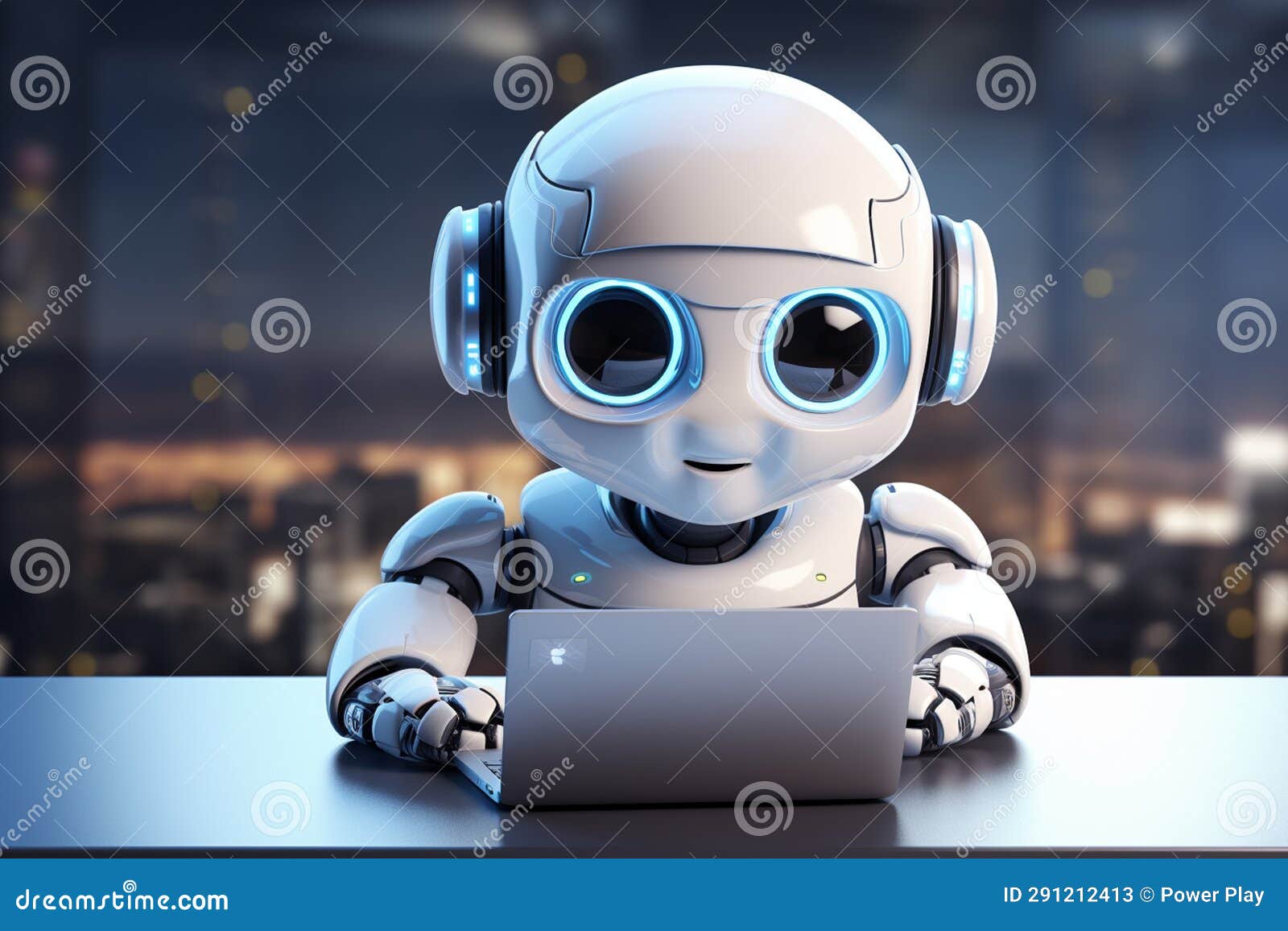Cute Robot Working on a Laptop. 3d Render. Technology Concept Stock ...