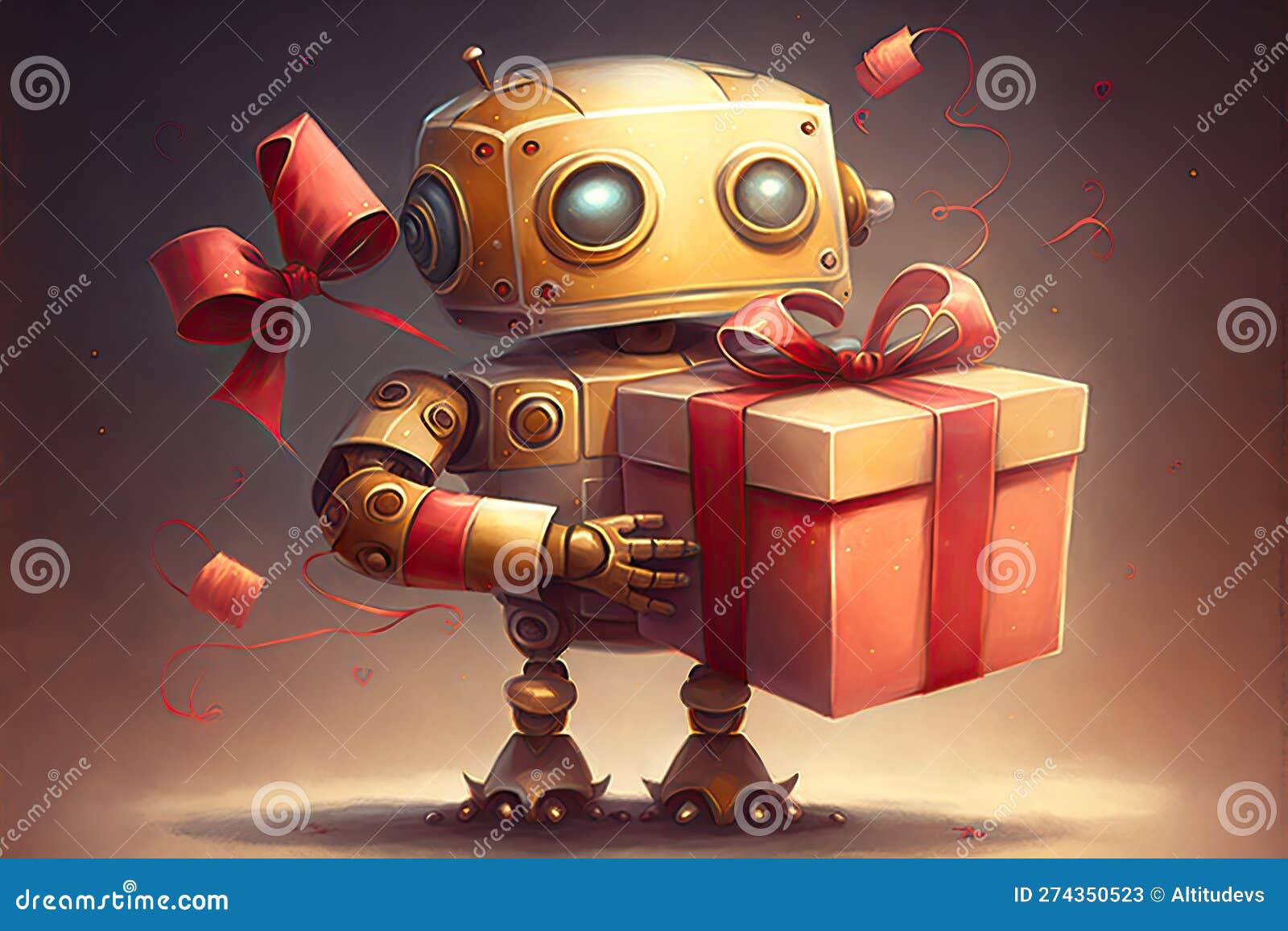 Cute Robot Wrapping a Gift Box with Golden Paper and Red Bow Stock ...