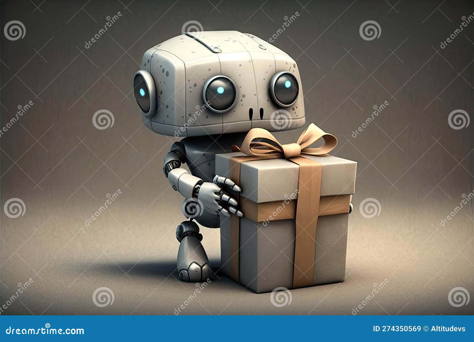 Cute Robot Wrapping Present with Delicate Silver Ribbon Stock Image ...
