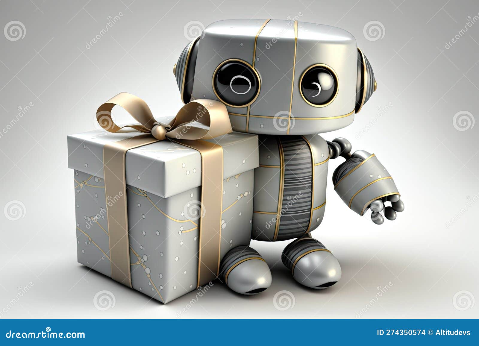 Cute Robot Wrapping Present with Delicate Silver Ribbon Stock Photo ...