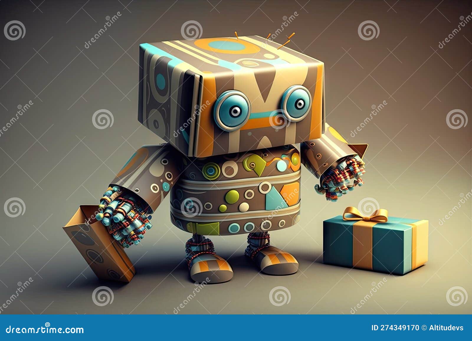 Cute Robot Wrapping Present with Different Color and Pattern Papers ...