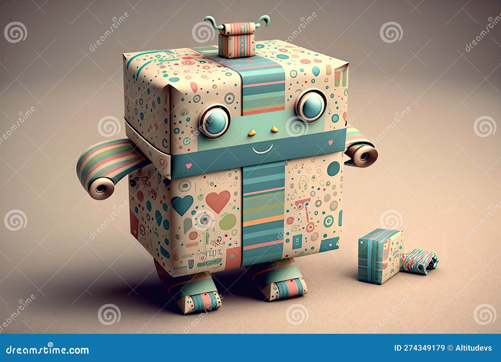 Cute Robot Wrapping Present with Different Color and Pattern Papers ...