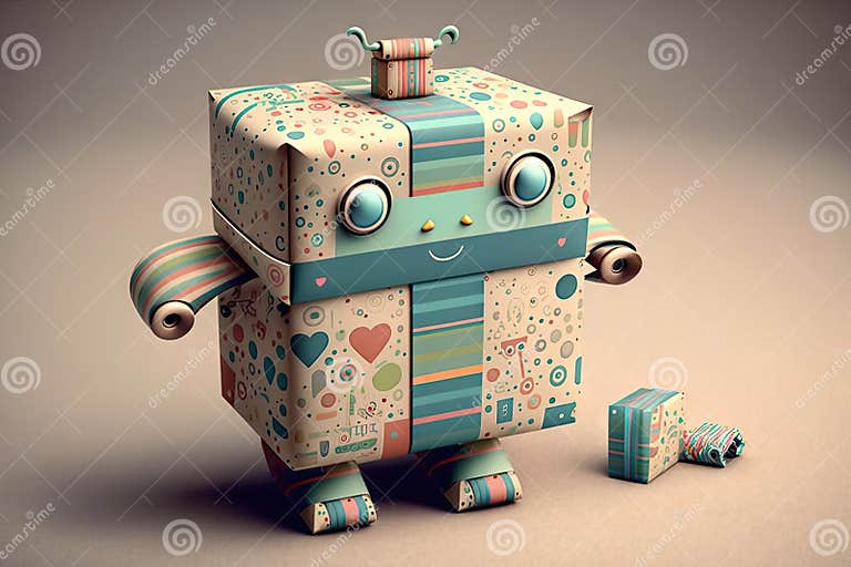 Cute Robot Wrapping Present with Different Color and Pattern Papers ...