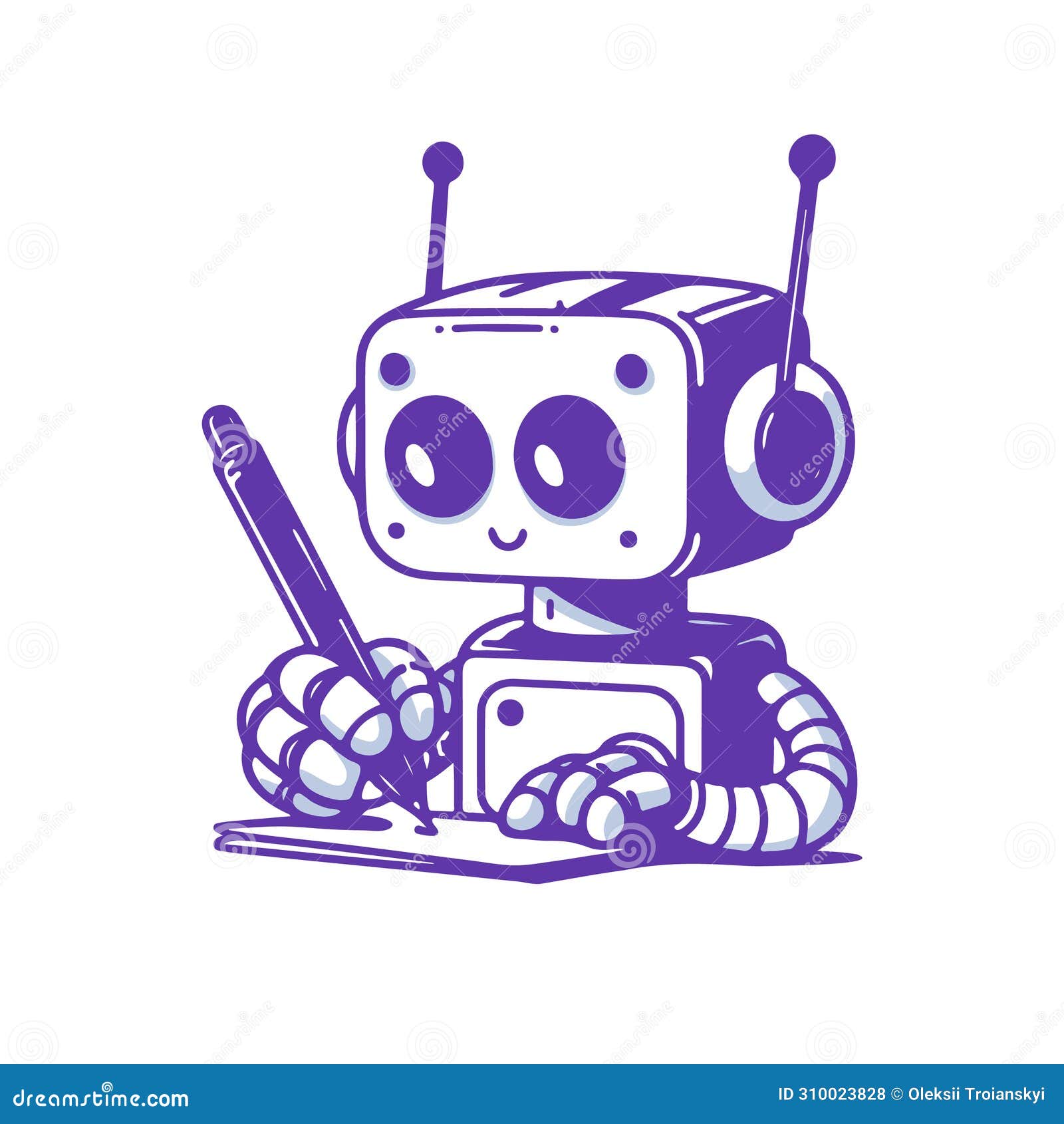 Cute Robot Writing with Pen on Paper. Vector Monochrome Illustration on ...