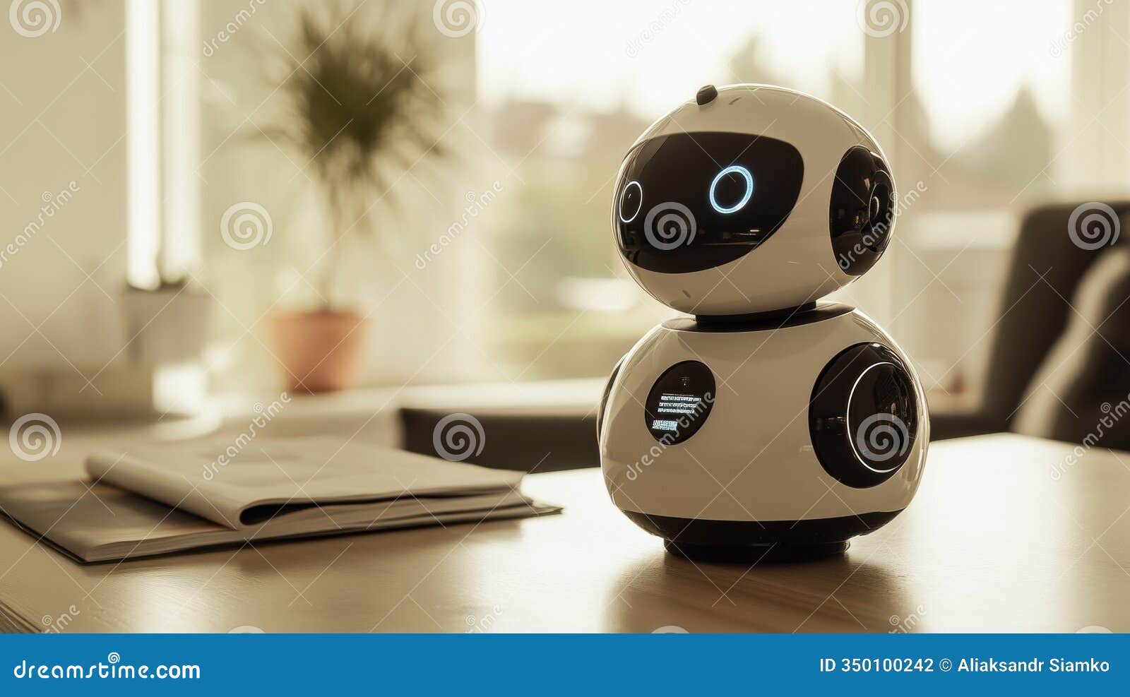 Cute Robotic Assistant with Glowing Eyes on a Table Stock Illustration ...