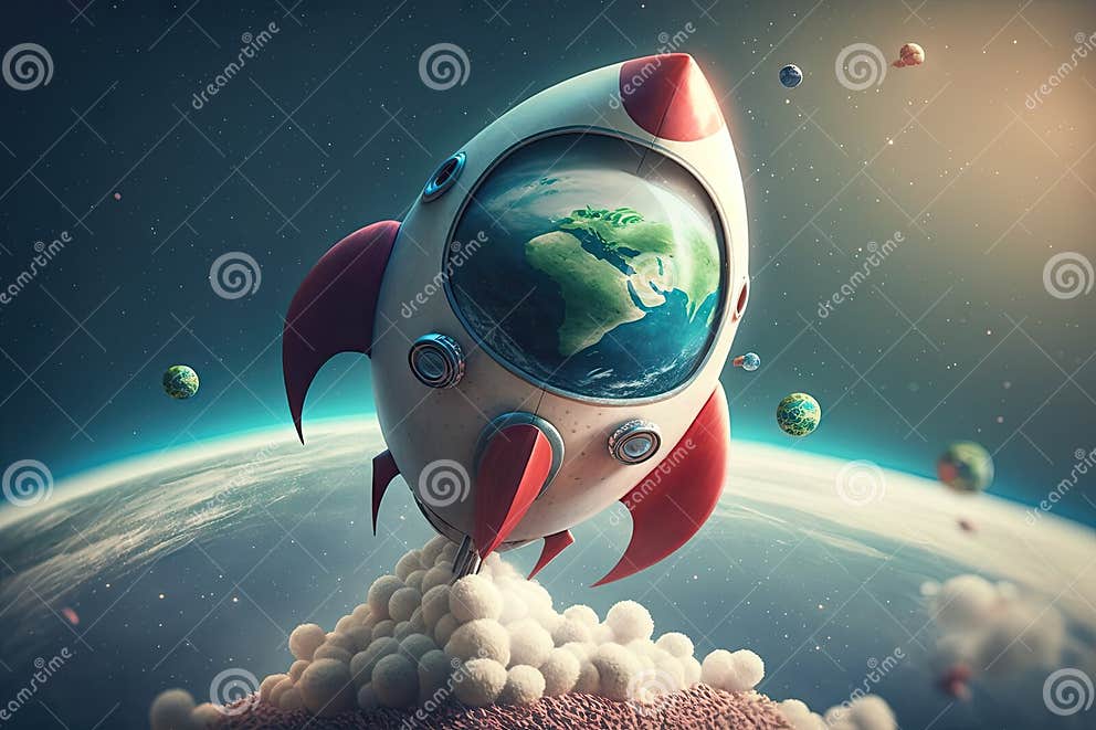 Cute Rocket with Earth View, Flying Over Planet and into Space Stock ...