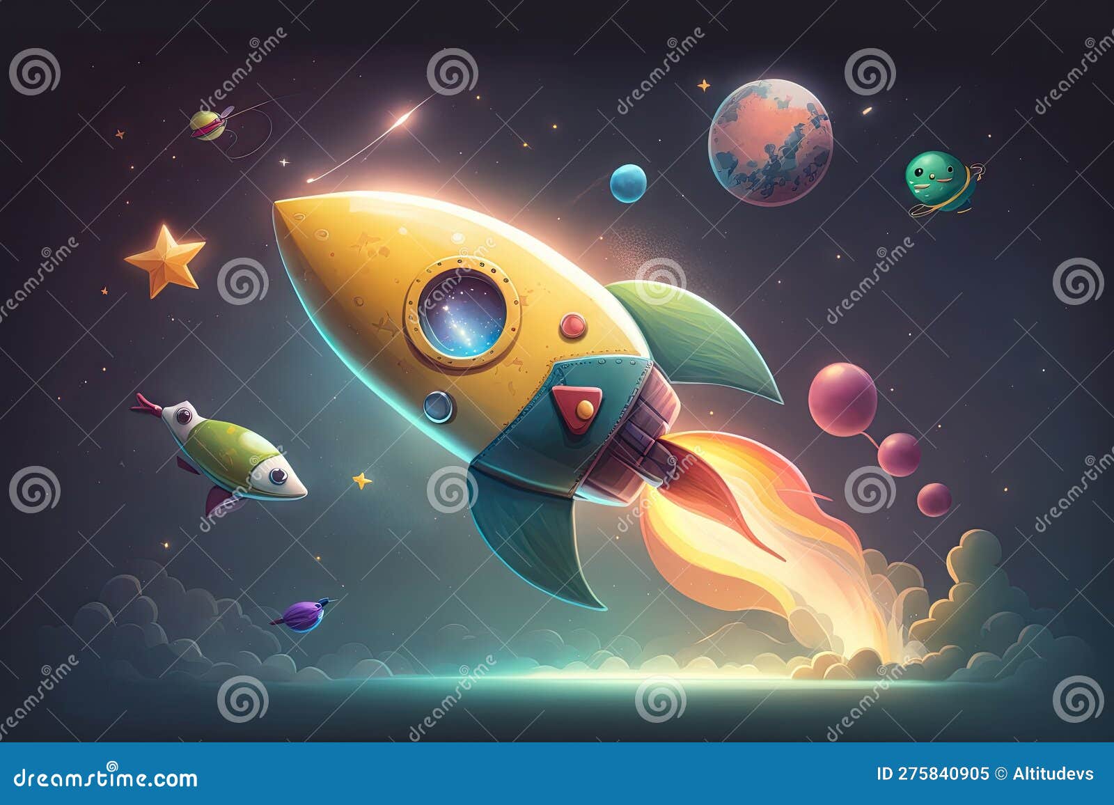 Cute Rocket in Flight, with the Stars and Planets Visible in the ...