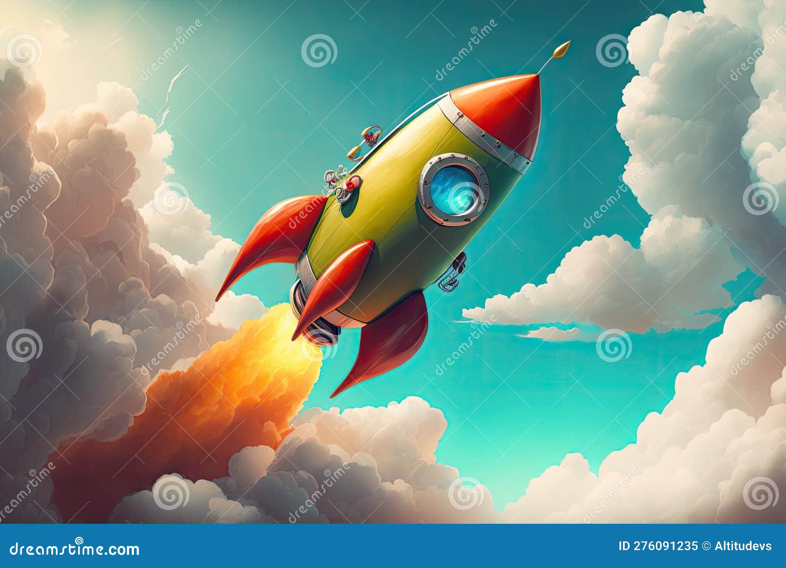 Cute Rocket Start Soaring through the Sky, with Clouds and Blue Skies ...