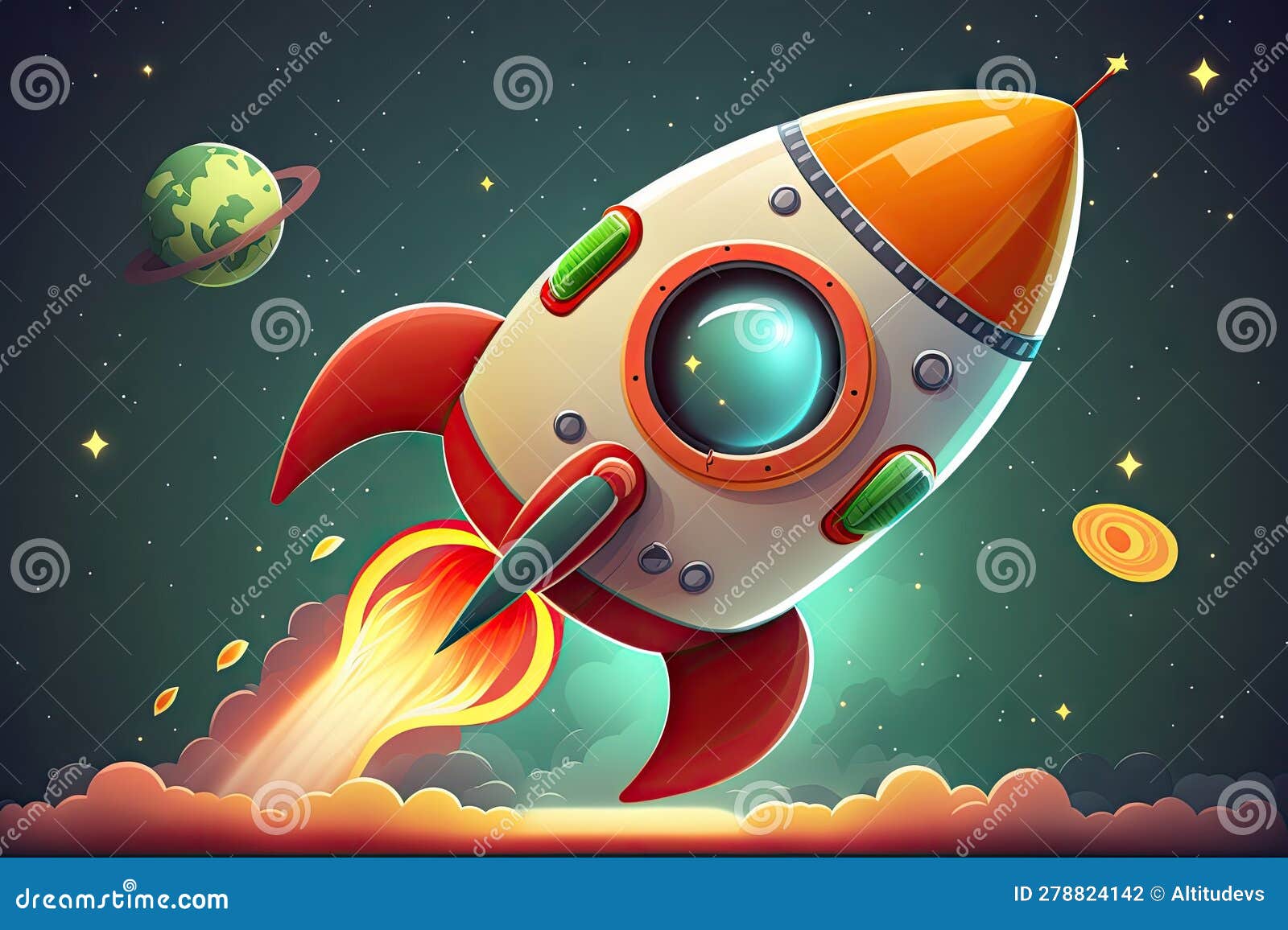 Cute Rocket Start with View of Outer Space in the Background Stock ...