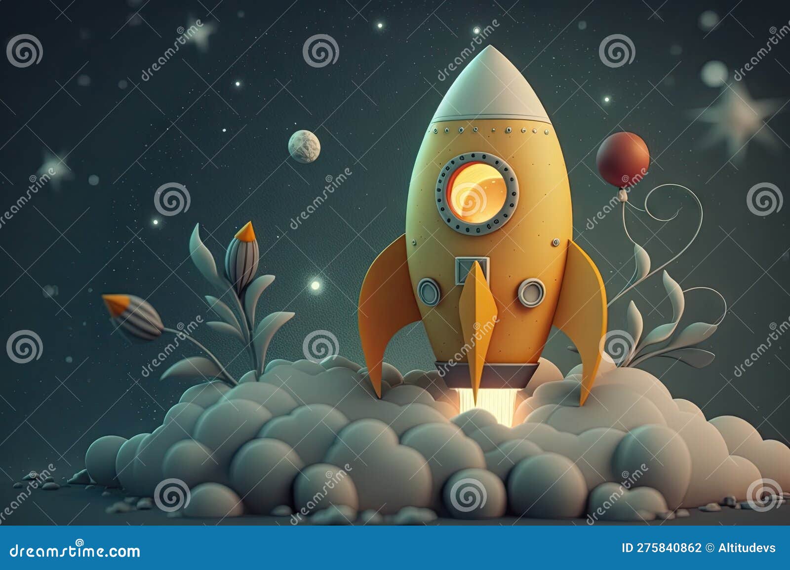 Cute Rocket Start, with View of Space and Stars in the Background Stock ...