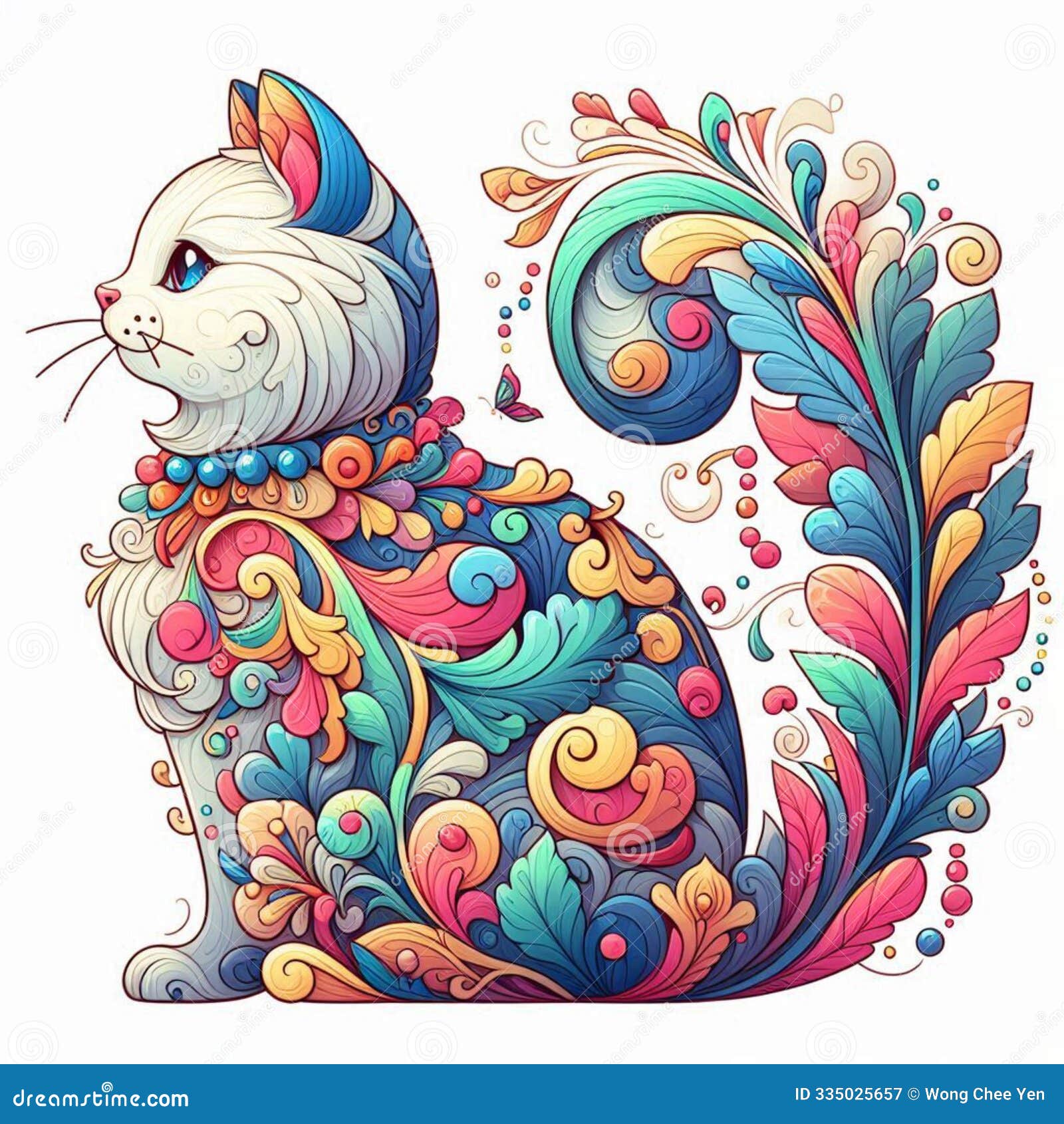Cute Rococo Curves Illustration of Cat on White Background Stock ...
