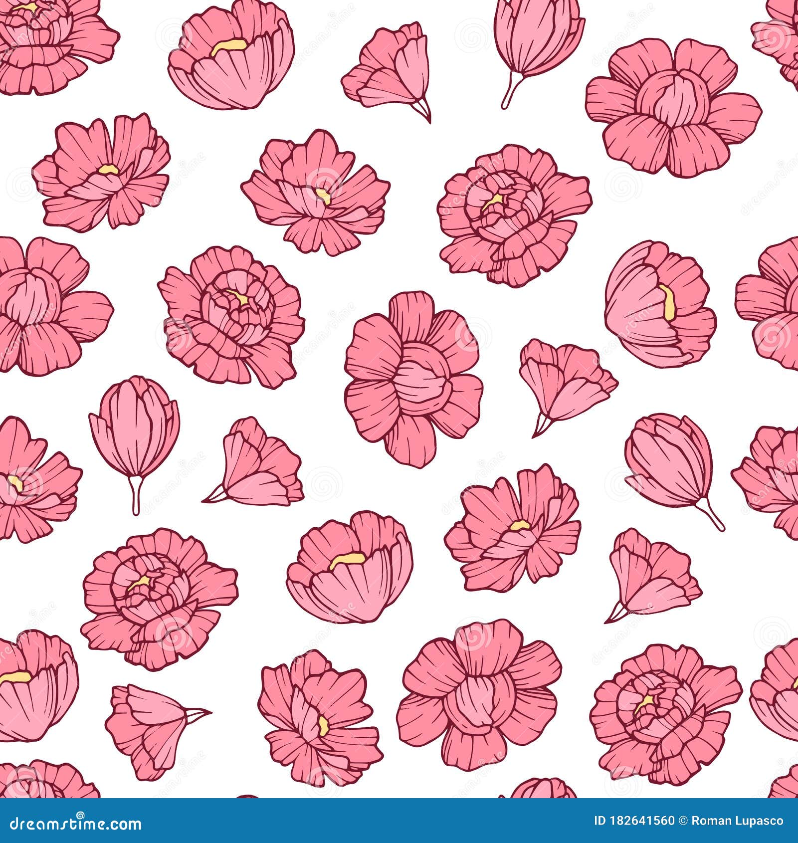 Cute Rose Flower Pattern, Outline Style Stock Vector - Illustration of ...