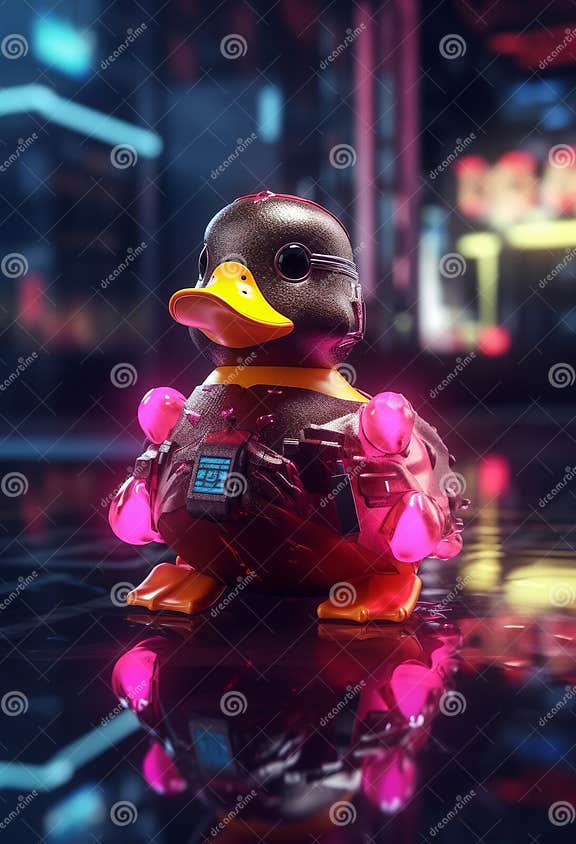 A Cute Rubber Duck with Neon Light Generative AI Stock Illustration ...
