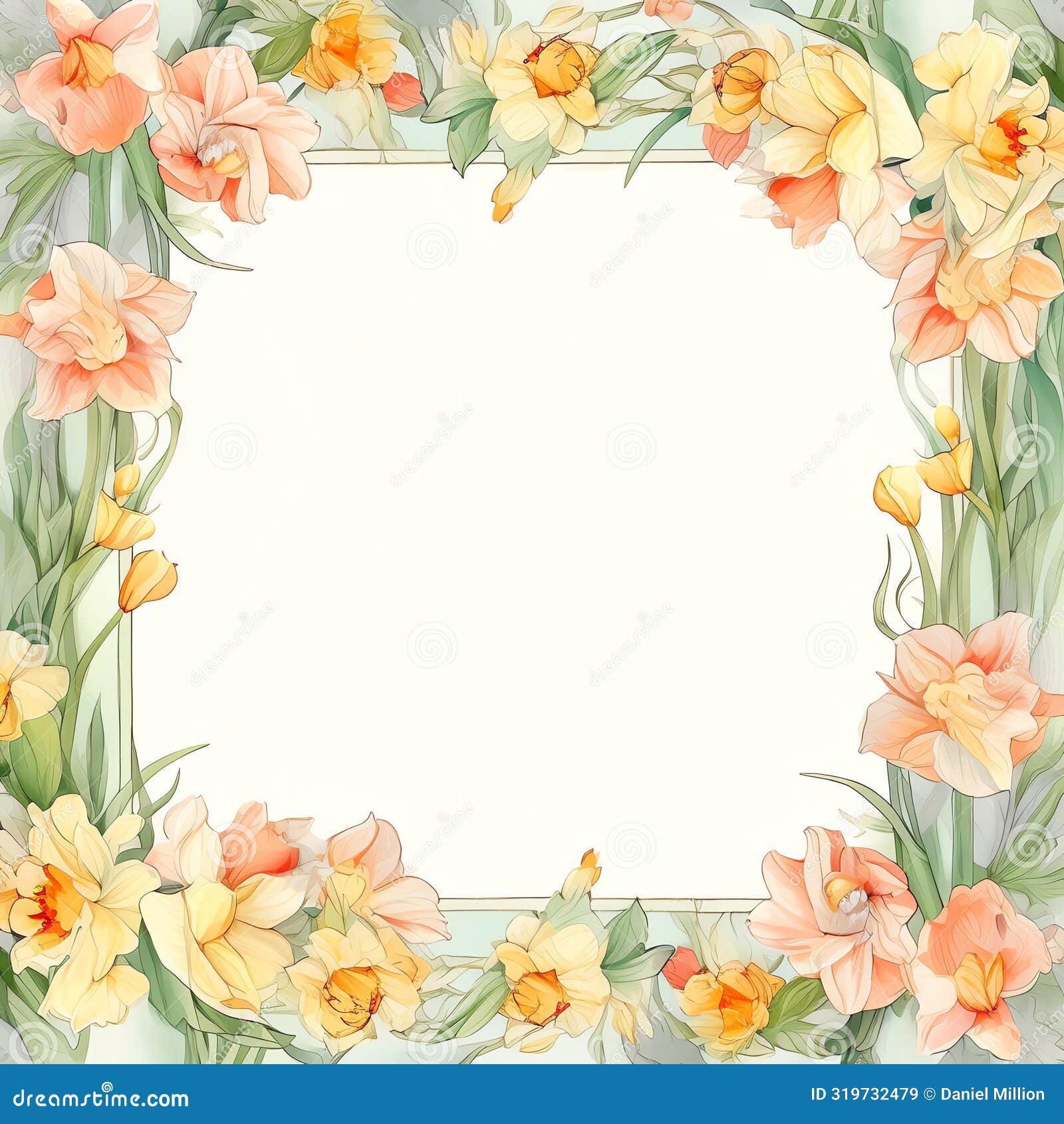 Cute Rustic Daffodil Border Floral Frame Watercolor Stock Illustration ...