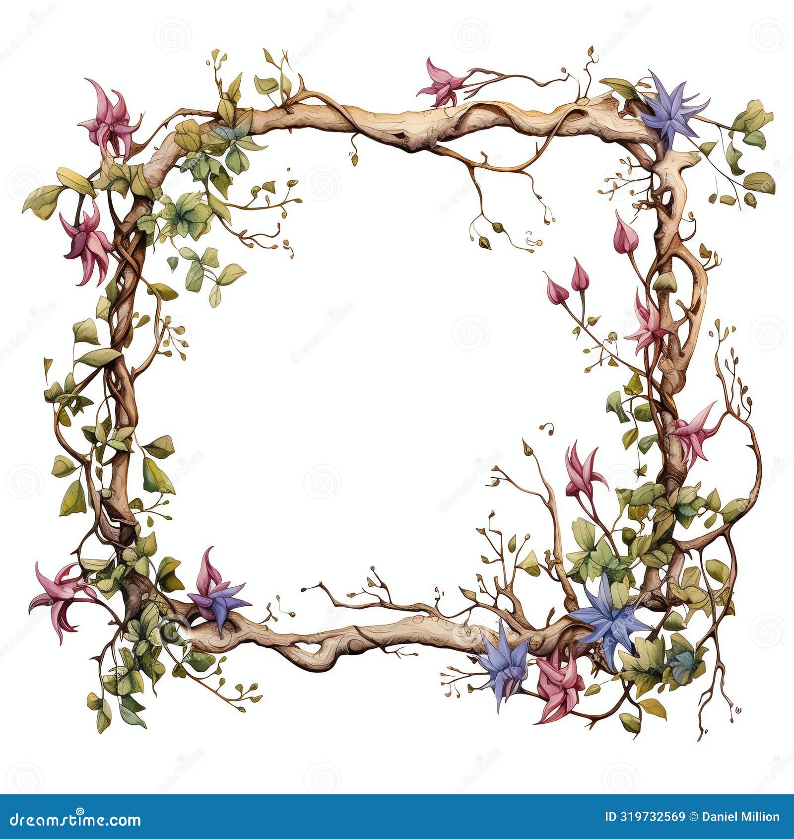 Cute Rustic Wild Vines Floral Frame Watercolor Stock Illustration ...