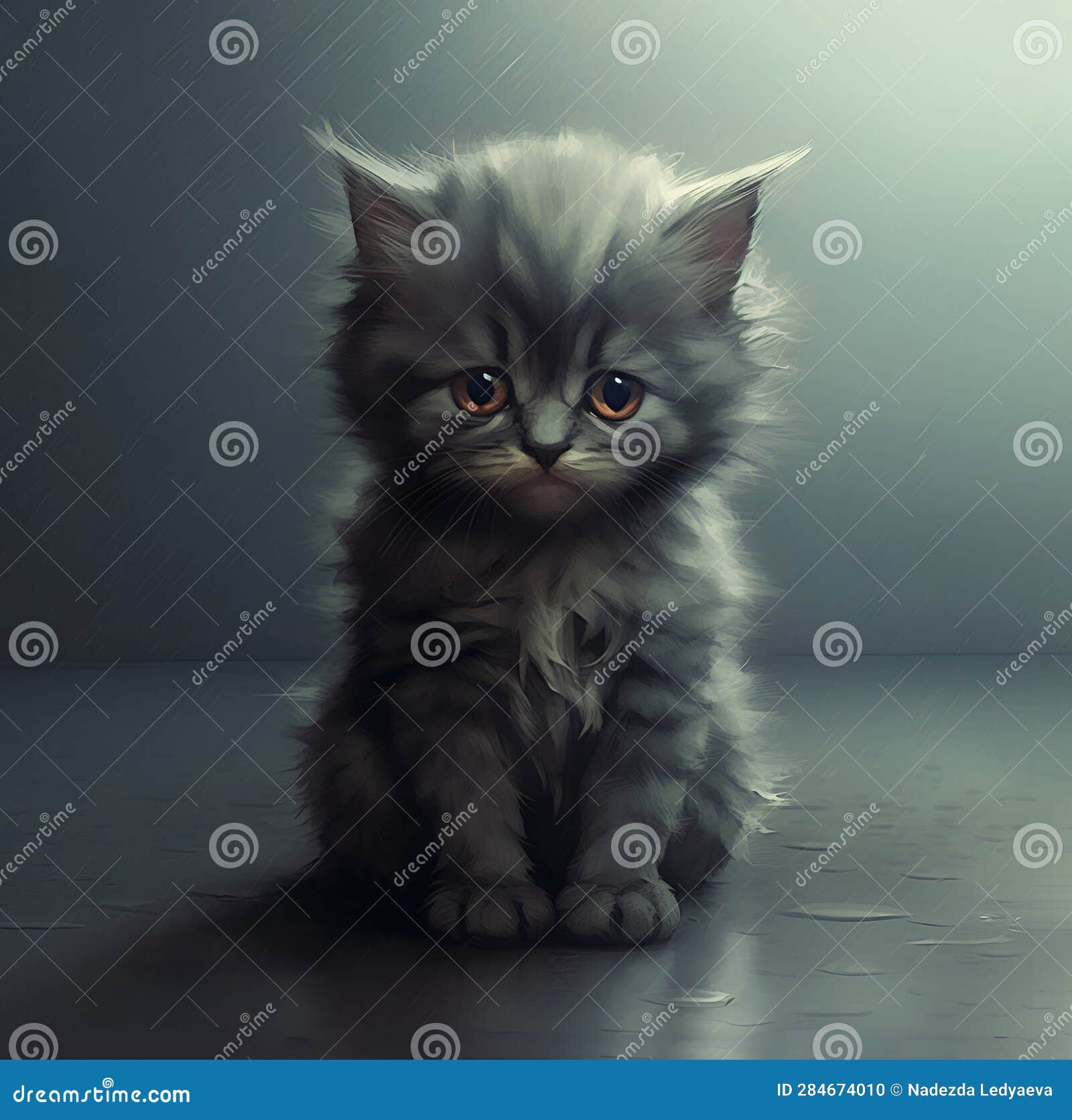 Cute, Sad, Fluffy Kitten on a Gray Background. Stock Illustration ...