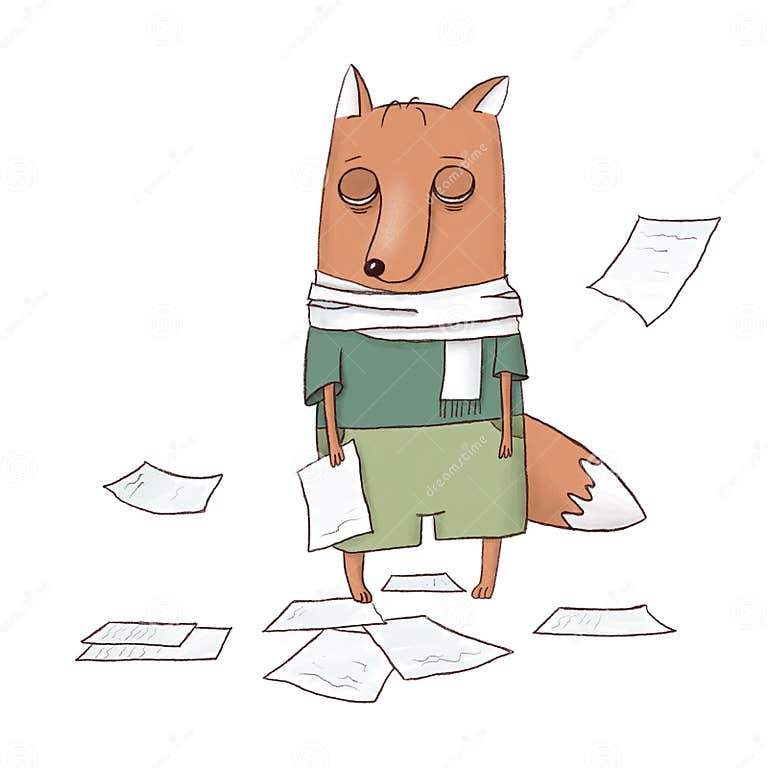 Cute Sad Fox with Scribbled Sheets of Paper Stock Illustration ...