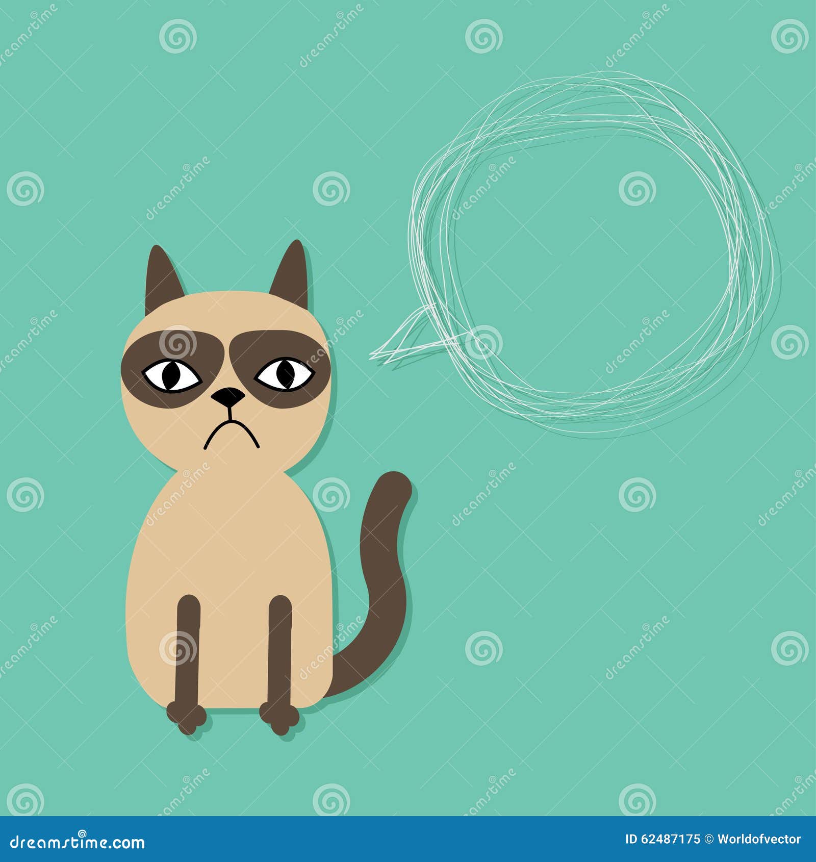 Cute Sad Grumpy Siamese Cat and Scribble Speech Bubble in Flat Design ...