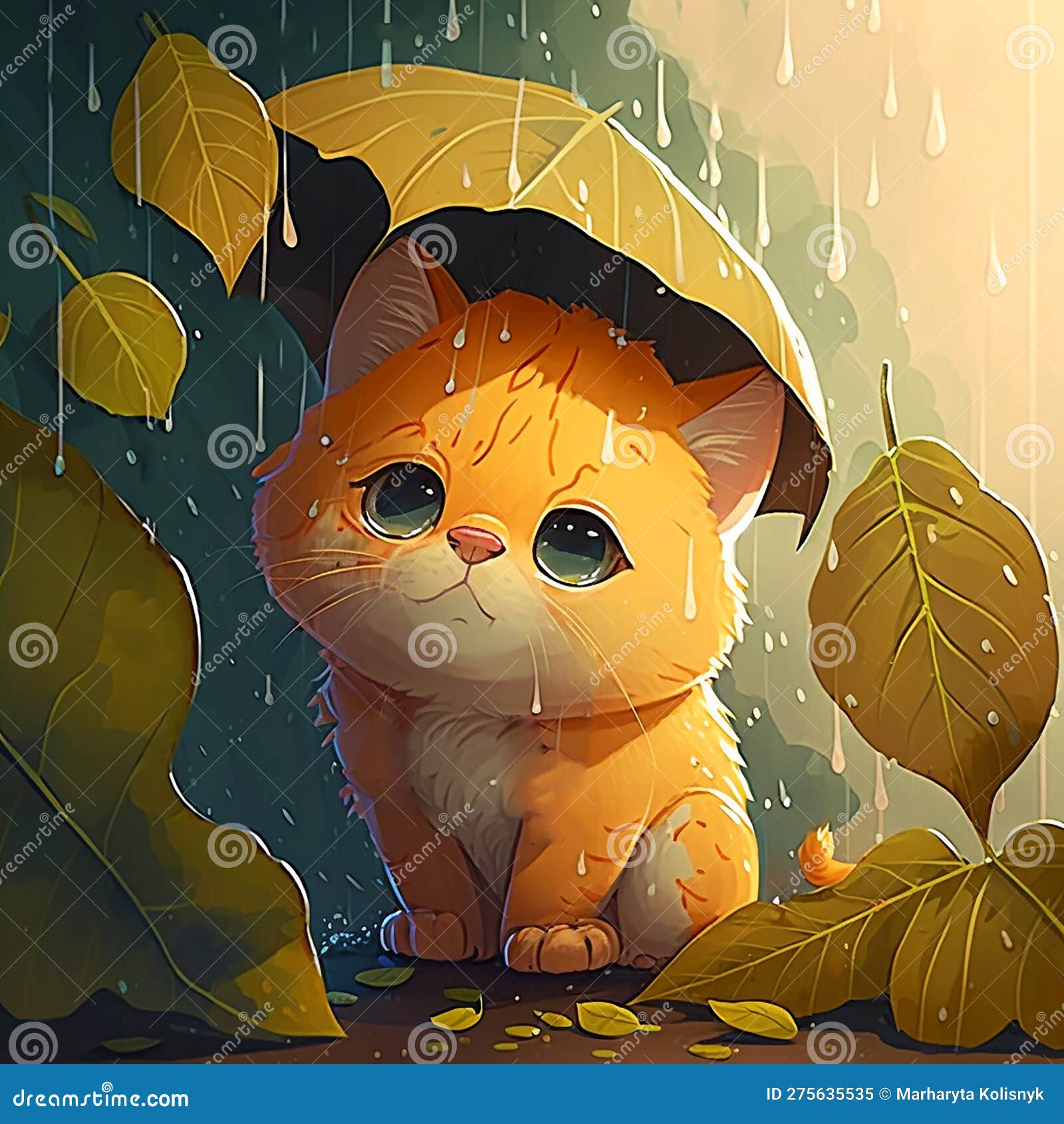 Cute Sad Kitten Under Leaf in Rainy Day 2 Stock Illustration ...