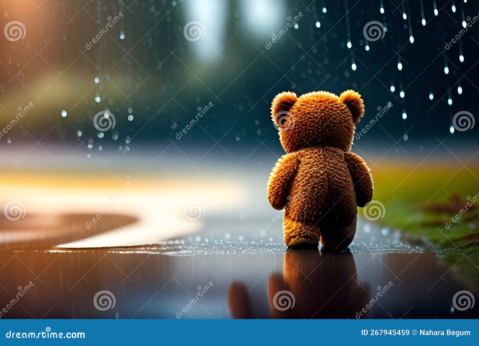 A Cute Sad Teddy Bear Standing in the Rain Stock Illustration ...