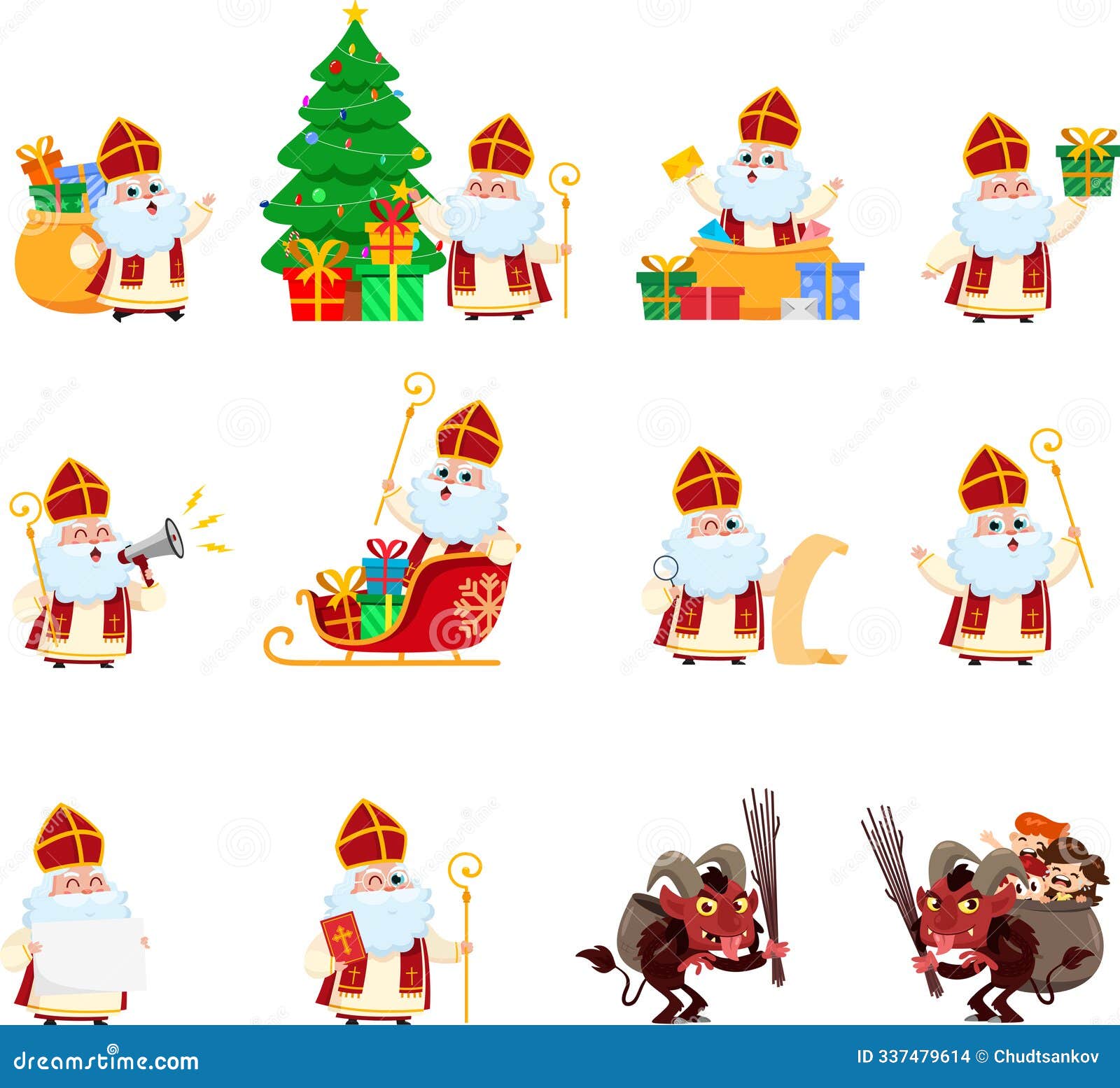 Cute Saint Nicholas and Krampus Cartoon Characters. Vector Flat Design ...