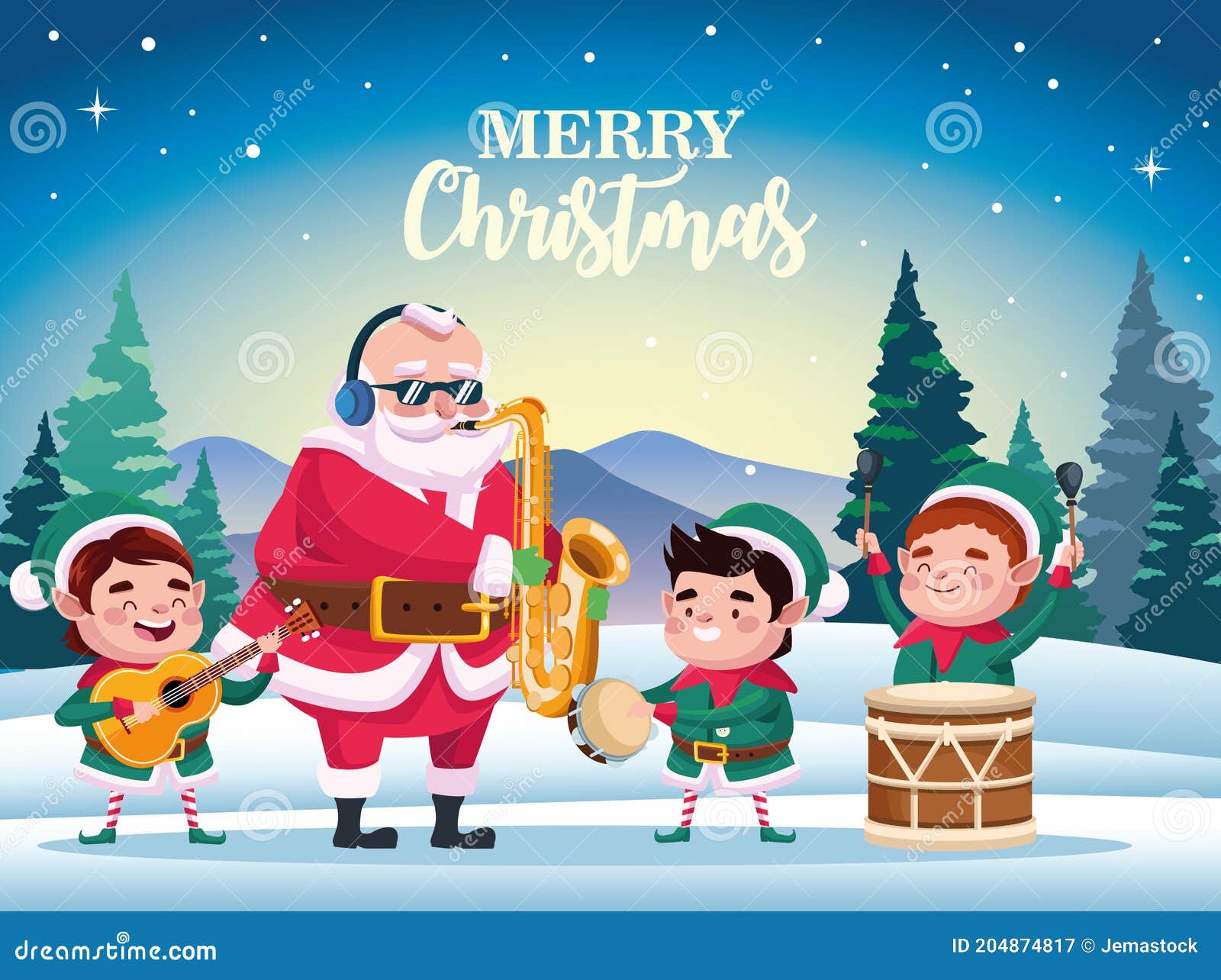 Cute Santa Claus and Helpers Playing Instruments Scene Stock ...