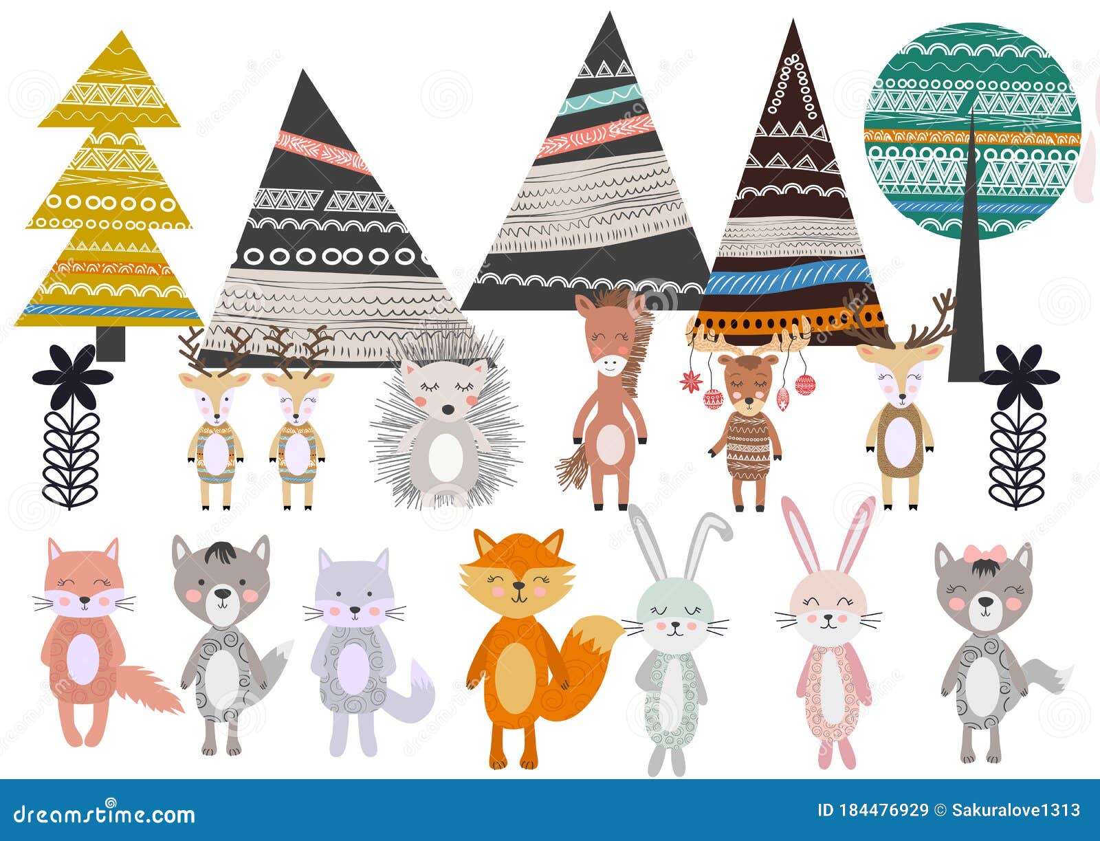 Cute Scandinavian Style Animals and Design Elements Stock Illustration ...