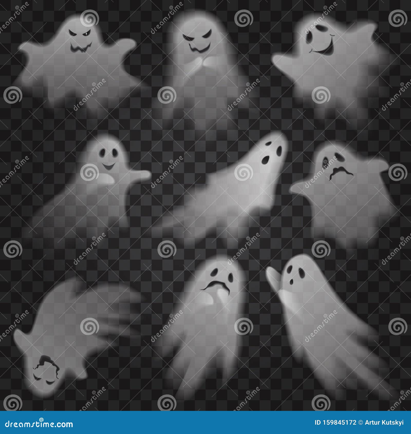 Cute Scary Ghosts Phantoms on Transparent Alpha Background Set ... Cute Scary Ghosts Phantoms on Transparent Alpha Background Set ...
