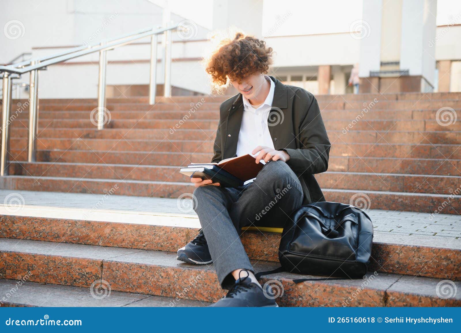 Cute School Boy Outside Classroom Stock Photo - Image of people ...
