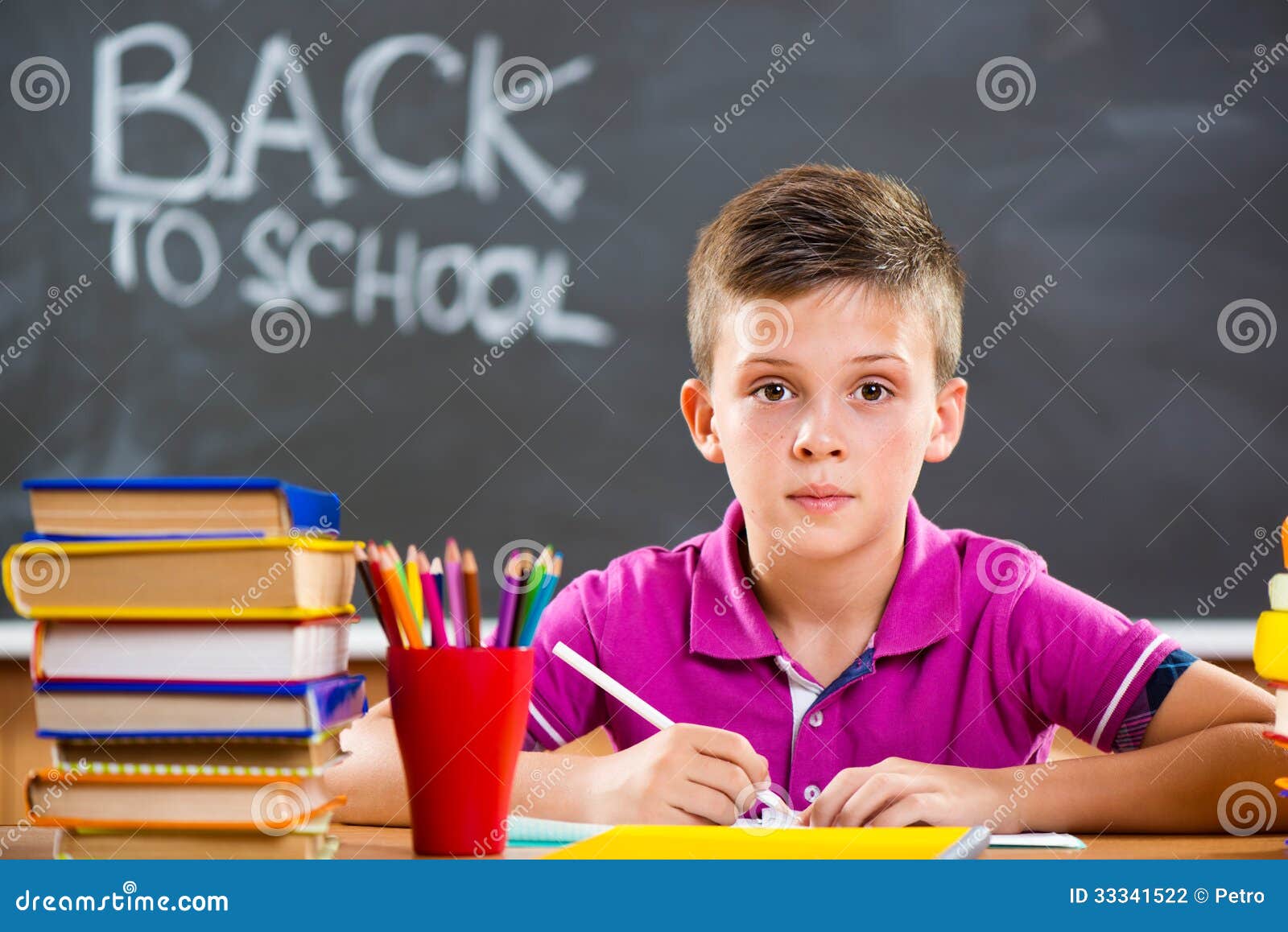 Cute School Boy Studying in Classroom Stock Photo - Image of learn ...