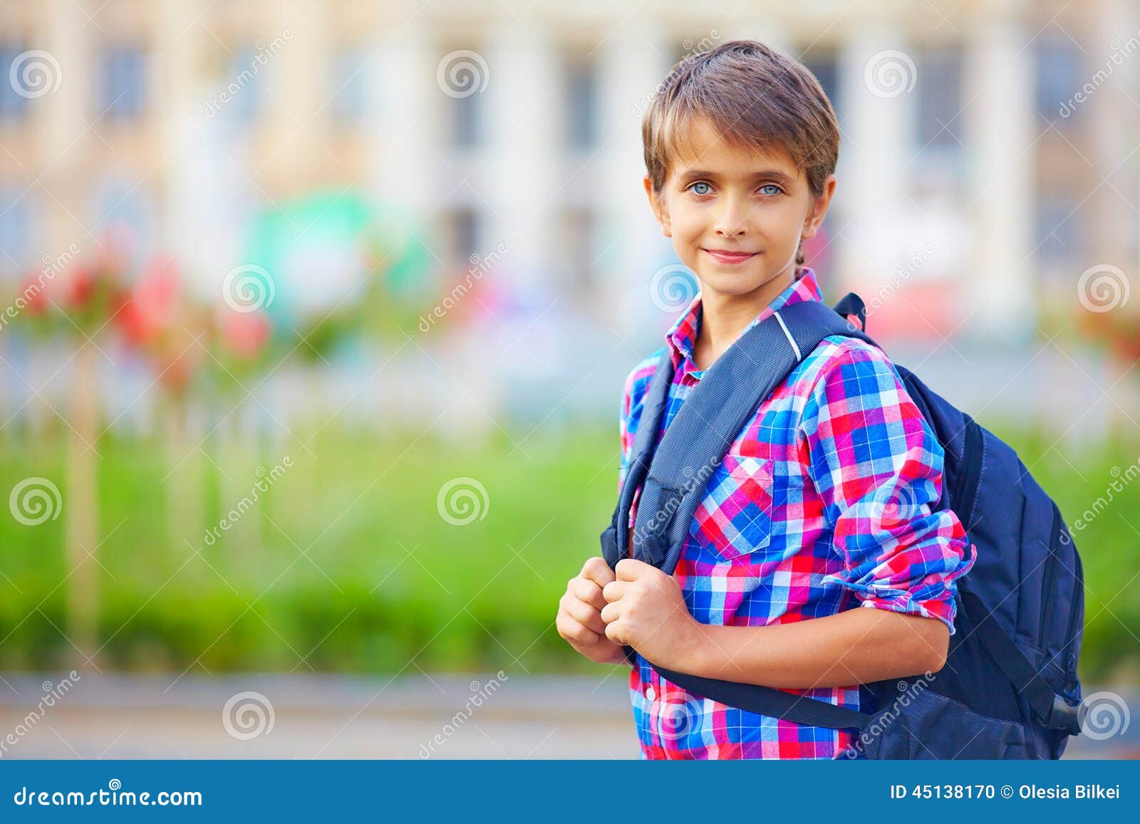 Cute Schoolboy with Backpack, Outdoors Stock Photo - Image of people ...