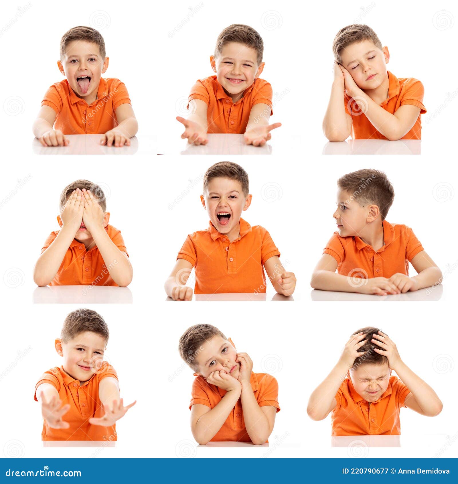 A Cute Schoolboy with Different Emotions. Collage. White Background ...
