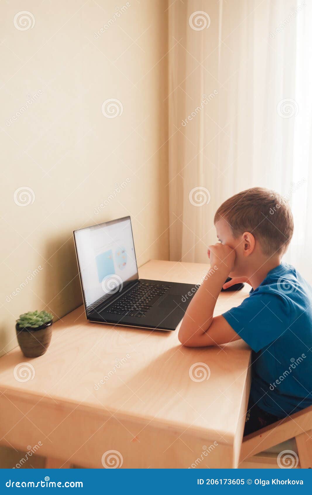 Cute Schoolboy Doing Homework with Computer at Home. Stock Image ...