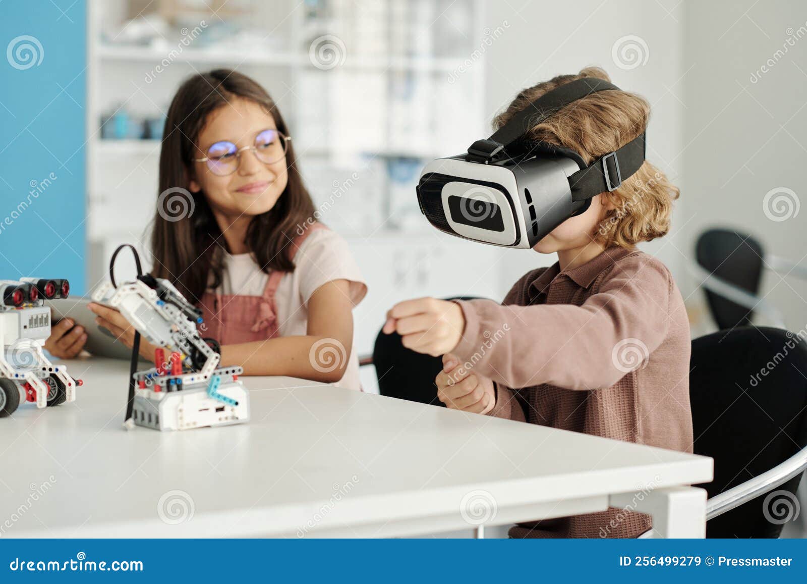 Cute Schoolboy in Vr Headset Playing Virtual Game by His Classmate with ...