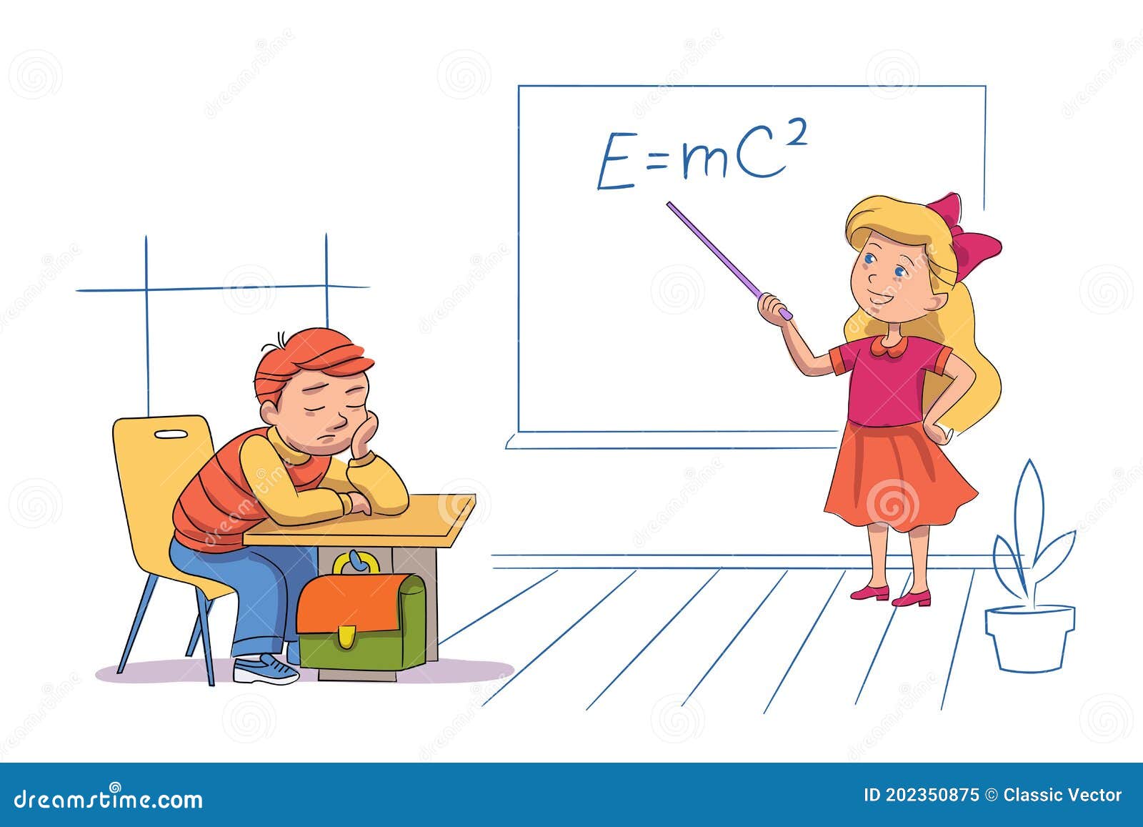 Cute Schoolgirl Answers Physics Lesson. Sleepy Boy Sitting At School ... Cute Schoolgirl Answers Physics Lesson. Sleepy Boy Sitting At School ...