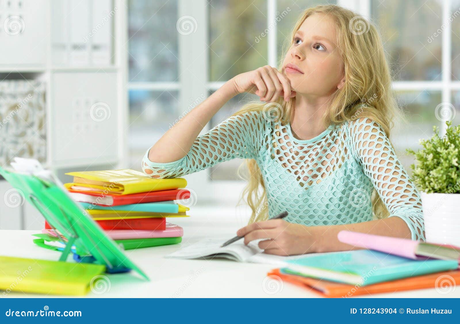 Portrait of Cute Schoolgirl Studying at Home Stock Photo - Image of ...