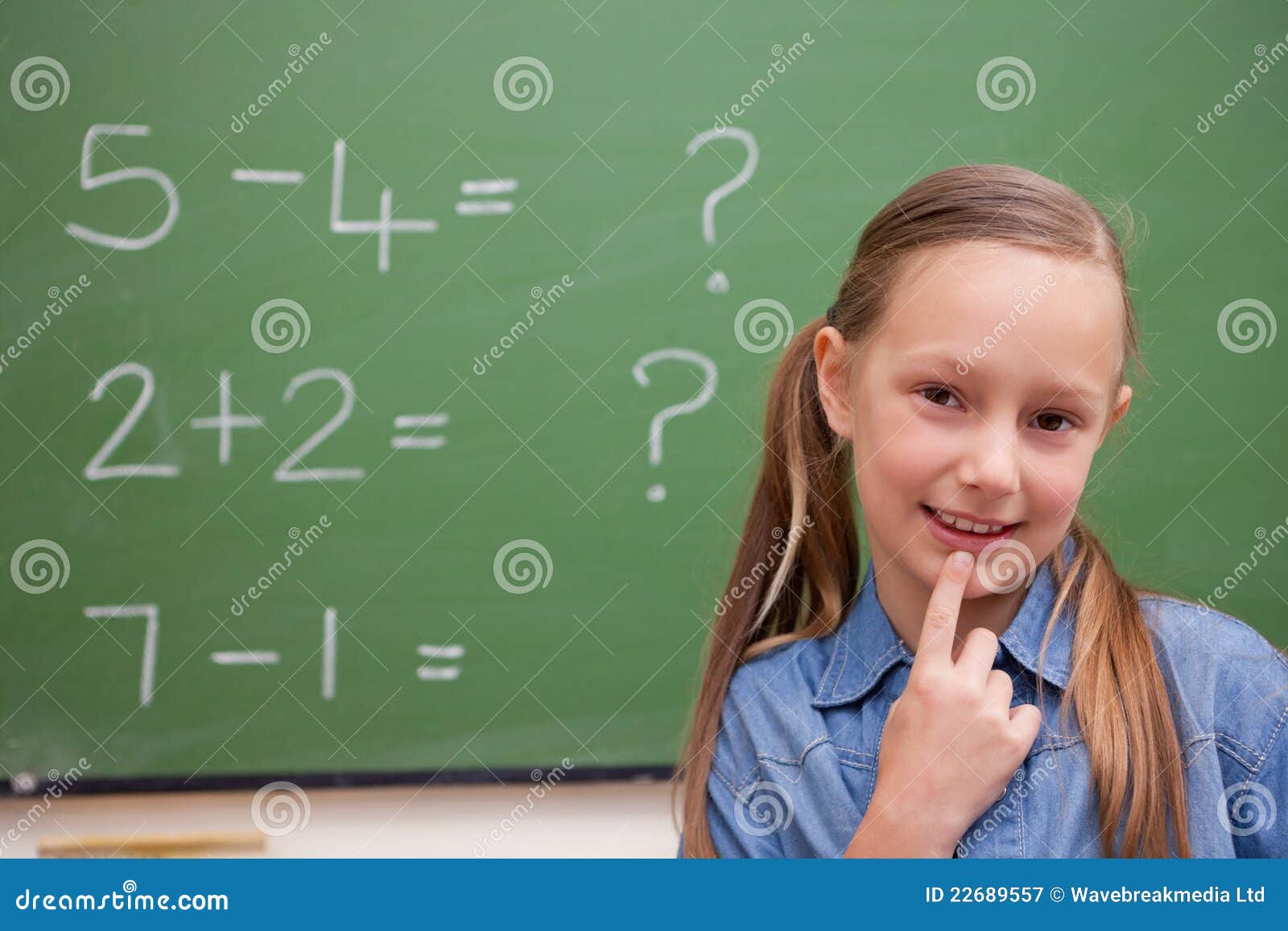 Cute schoolgirl thinking stock image. Image of answer - 22689557