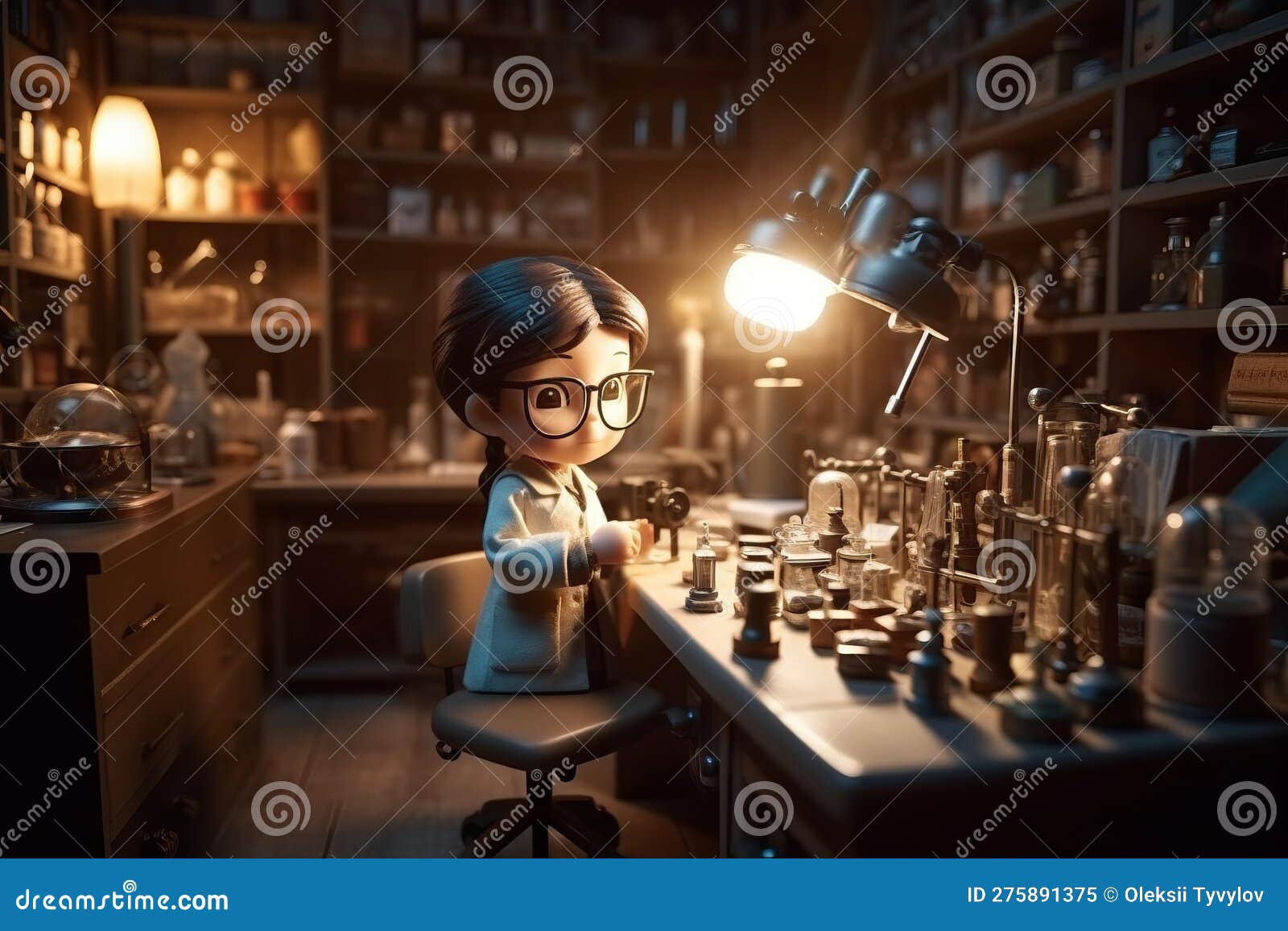 Cute Scientist Doll in Her Lab Stock Illustration - Illustration of ...