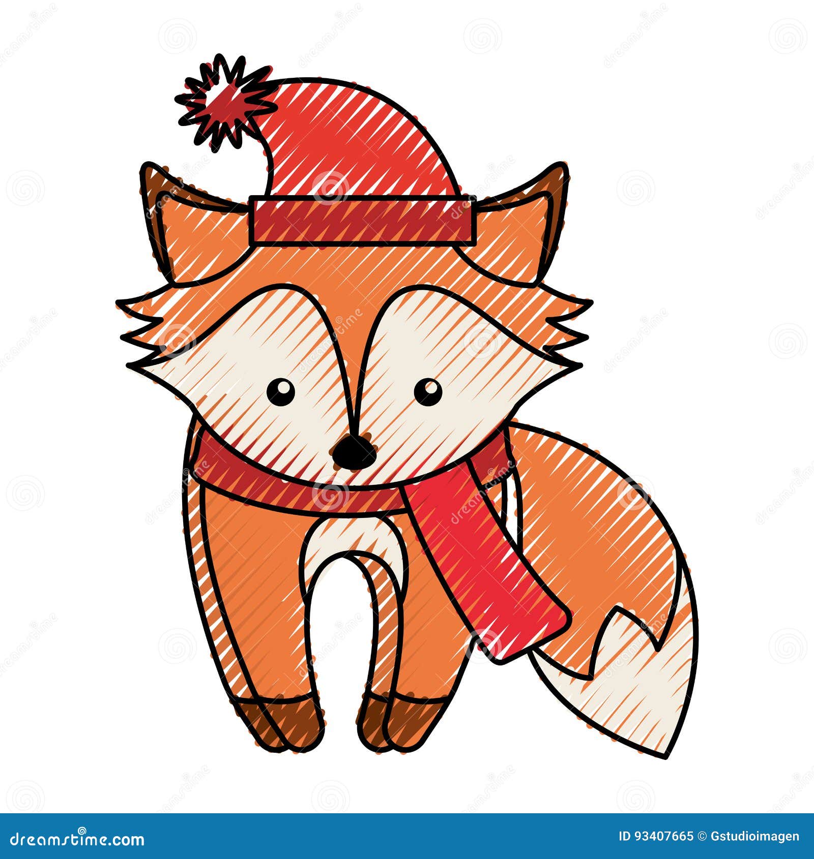 Cute Scribble Christmas Fox Cartoon Stock Vector - Illustration of card ...