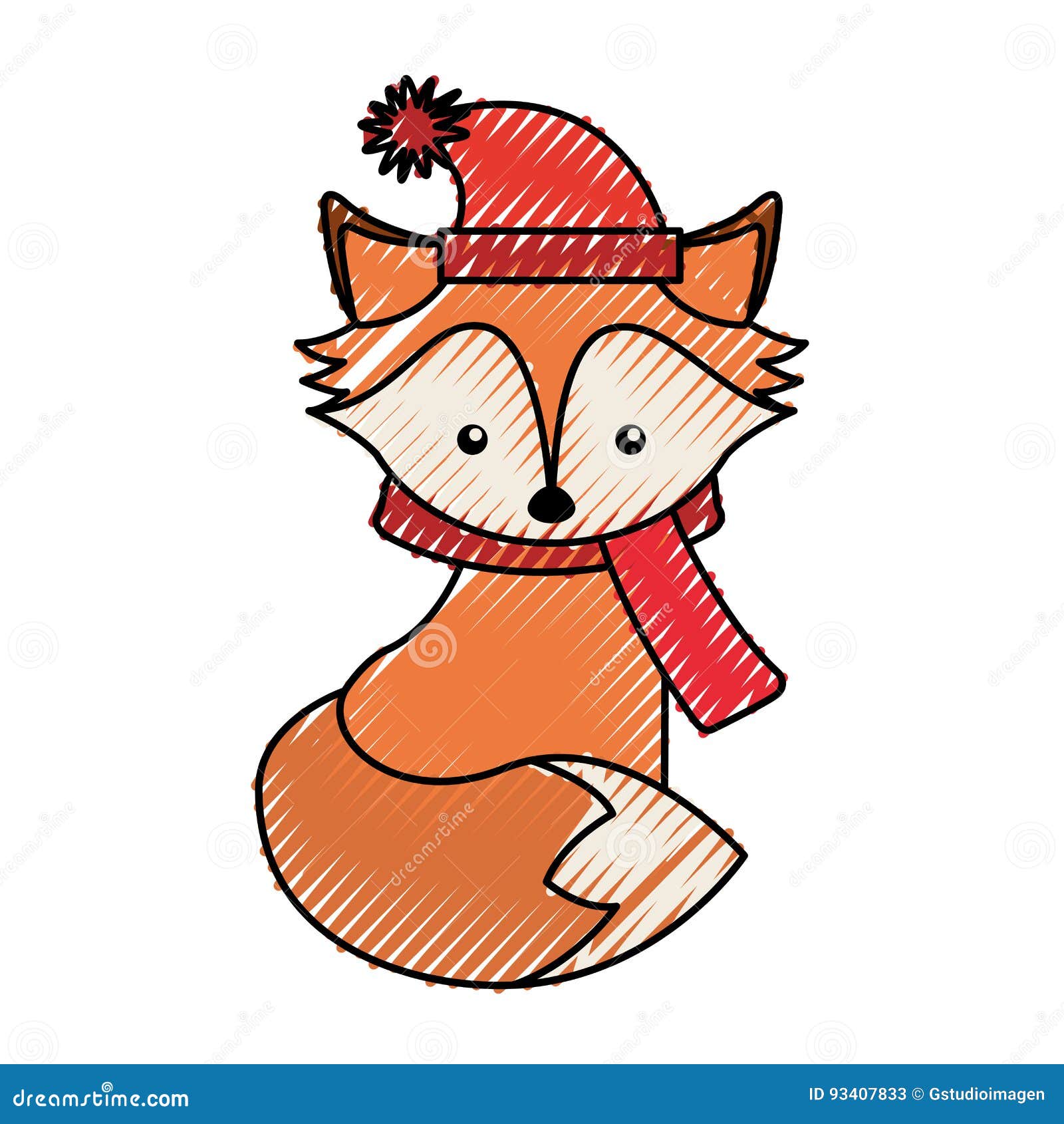 Cute Scribble Christmas Fox Cartoon Stock Vector - Illustration of year ...