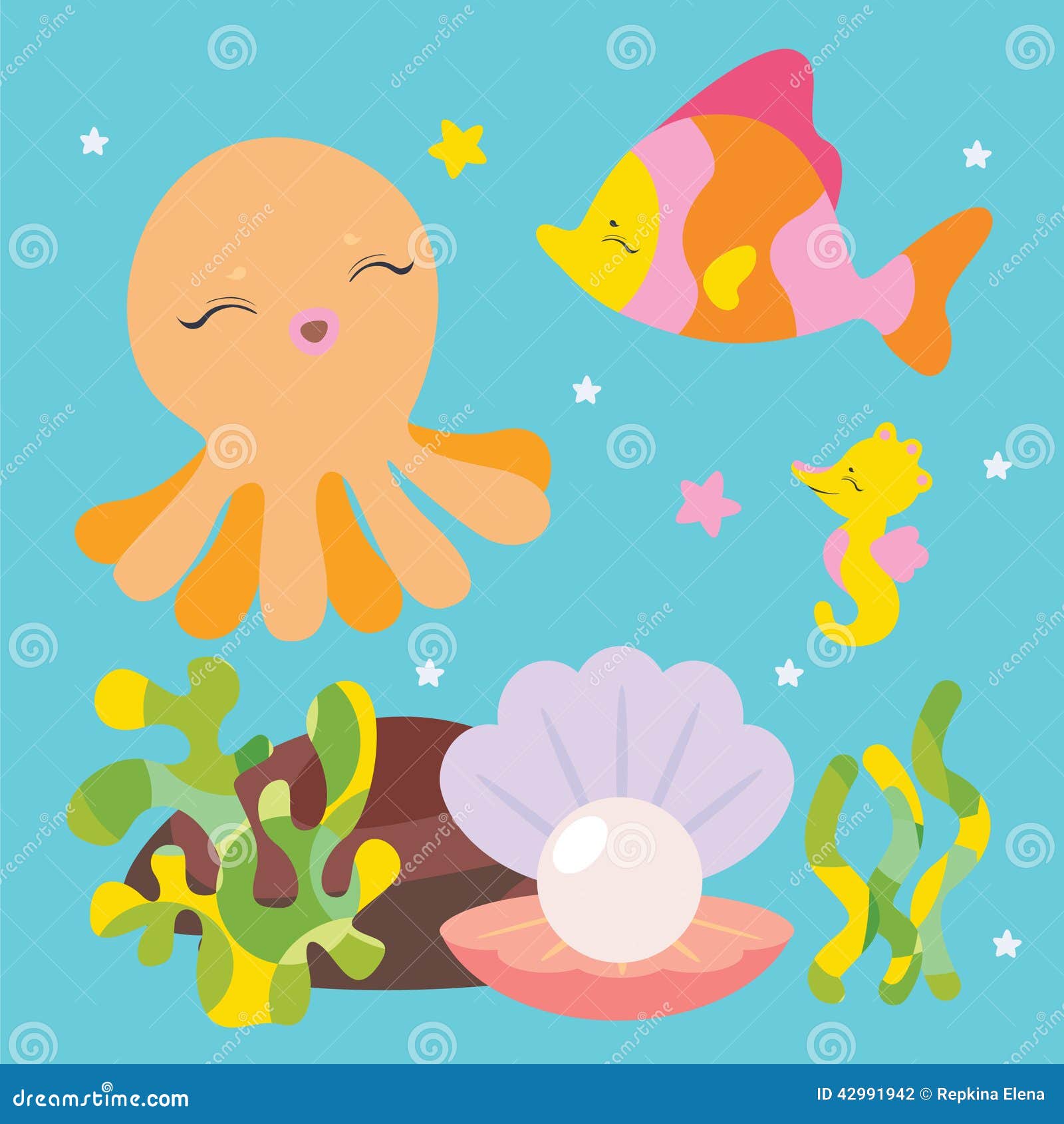 Cute sea characters stock vector. Illustration of seaweed - 42991942