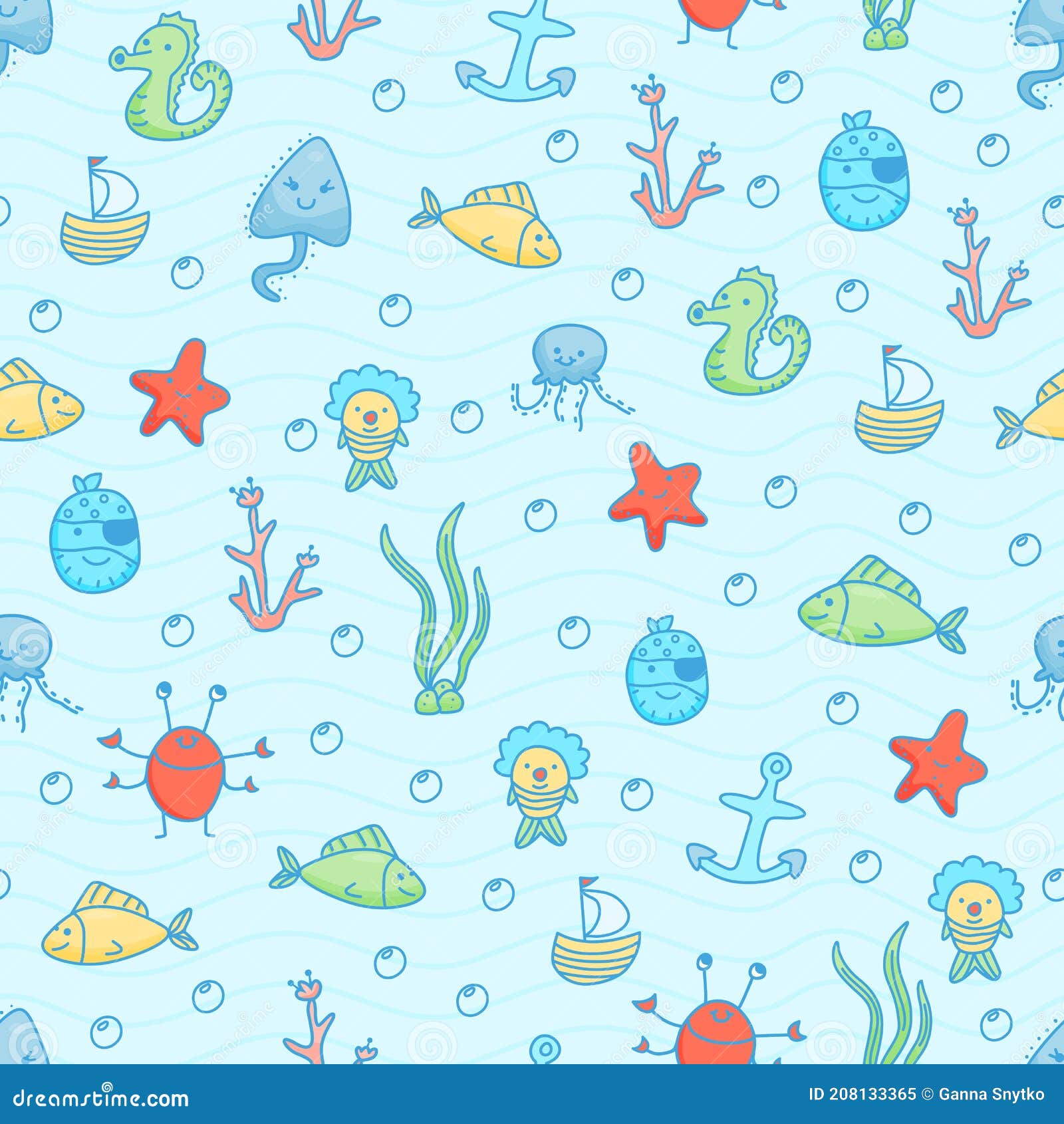 Cute Sea Creatures Seamless Pattern Stock Vector - Illustration of crab ...
