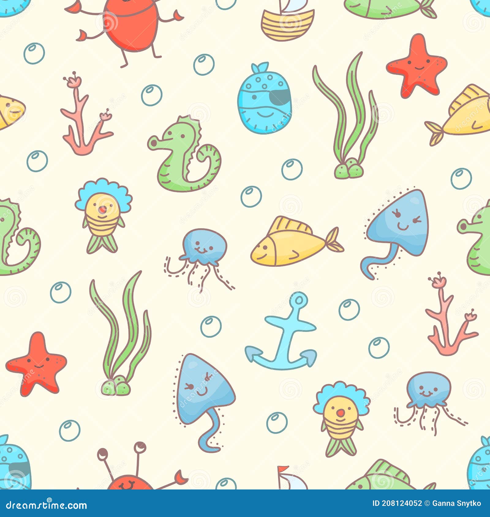 Cute Sea Creatures Seamless Pattern Stock Vector - Illustration of kids ...