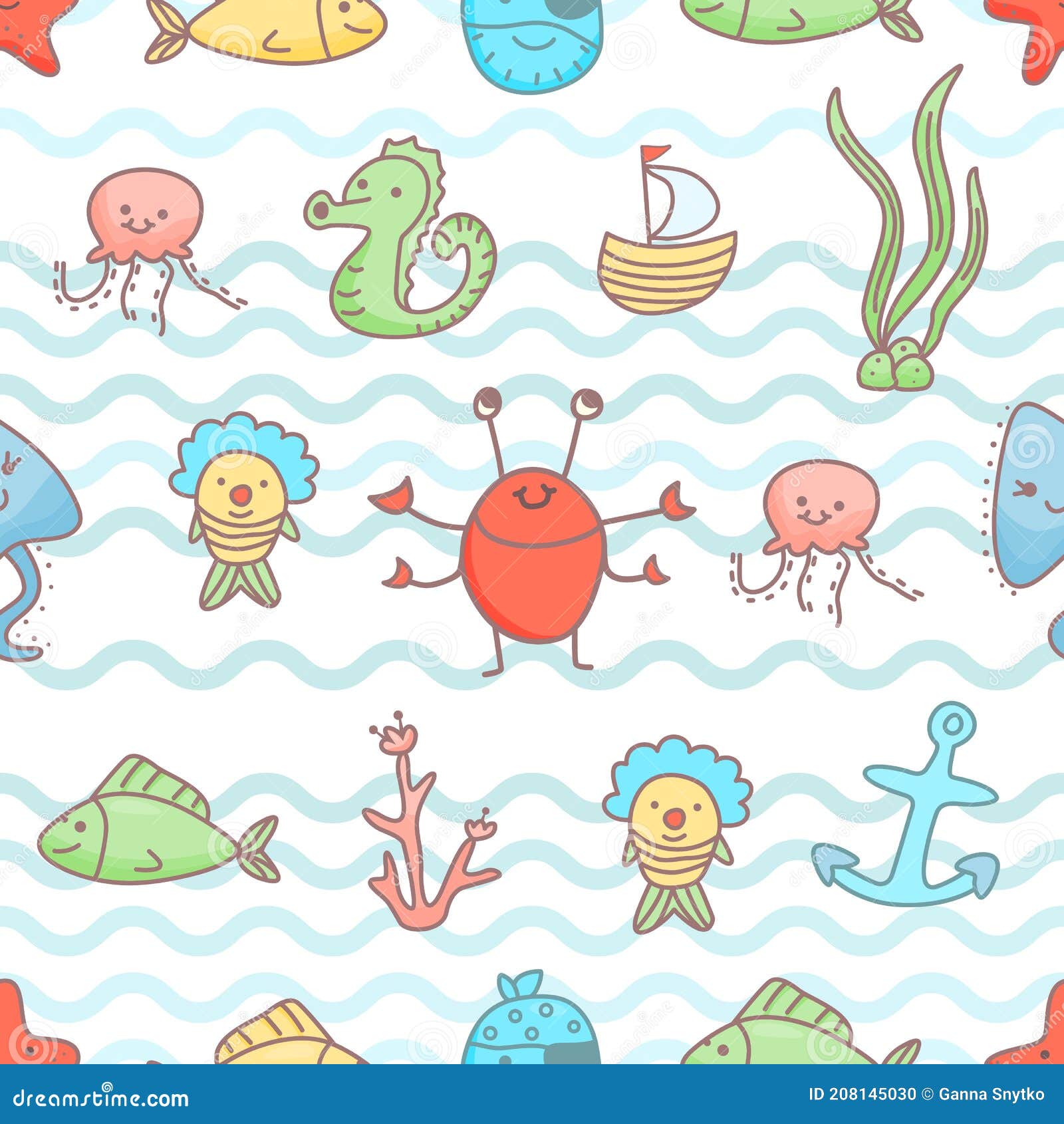 Cute Sea Creatures Seamless Pattern Stock Vector - Illustration of ...