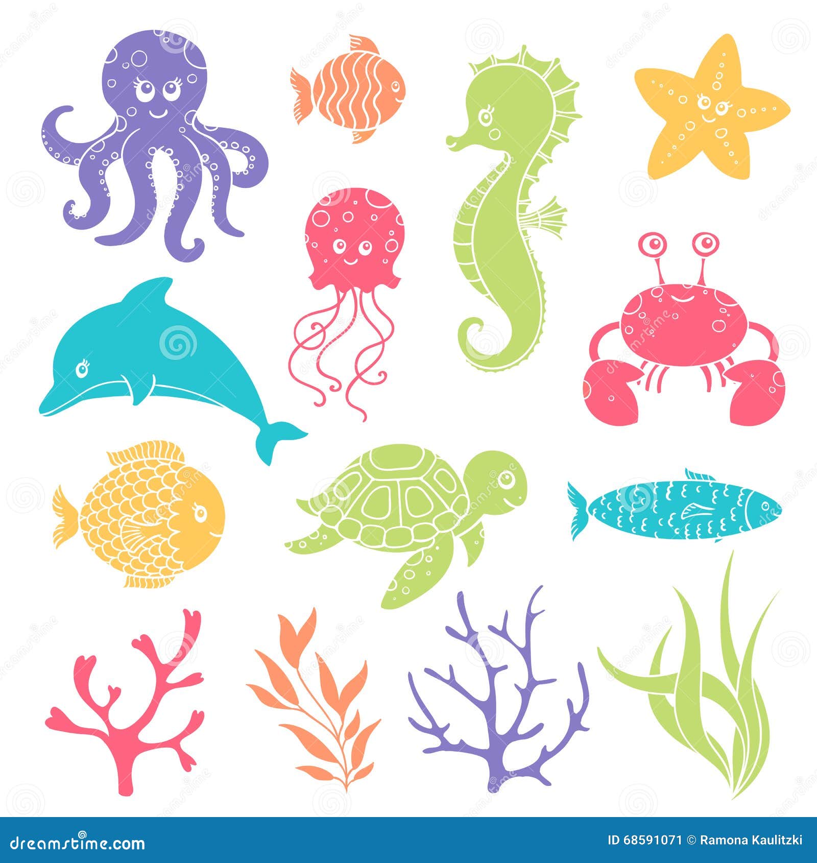 Cute Sea Life Creatures stock illustration. Illustration of octopus ...