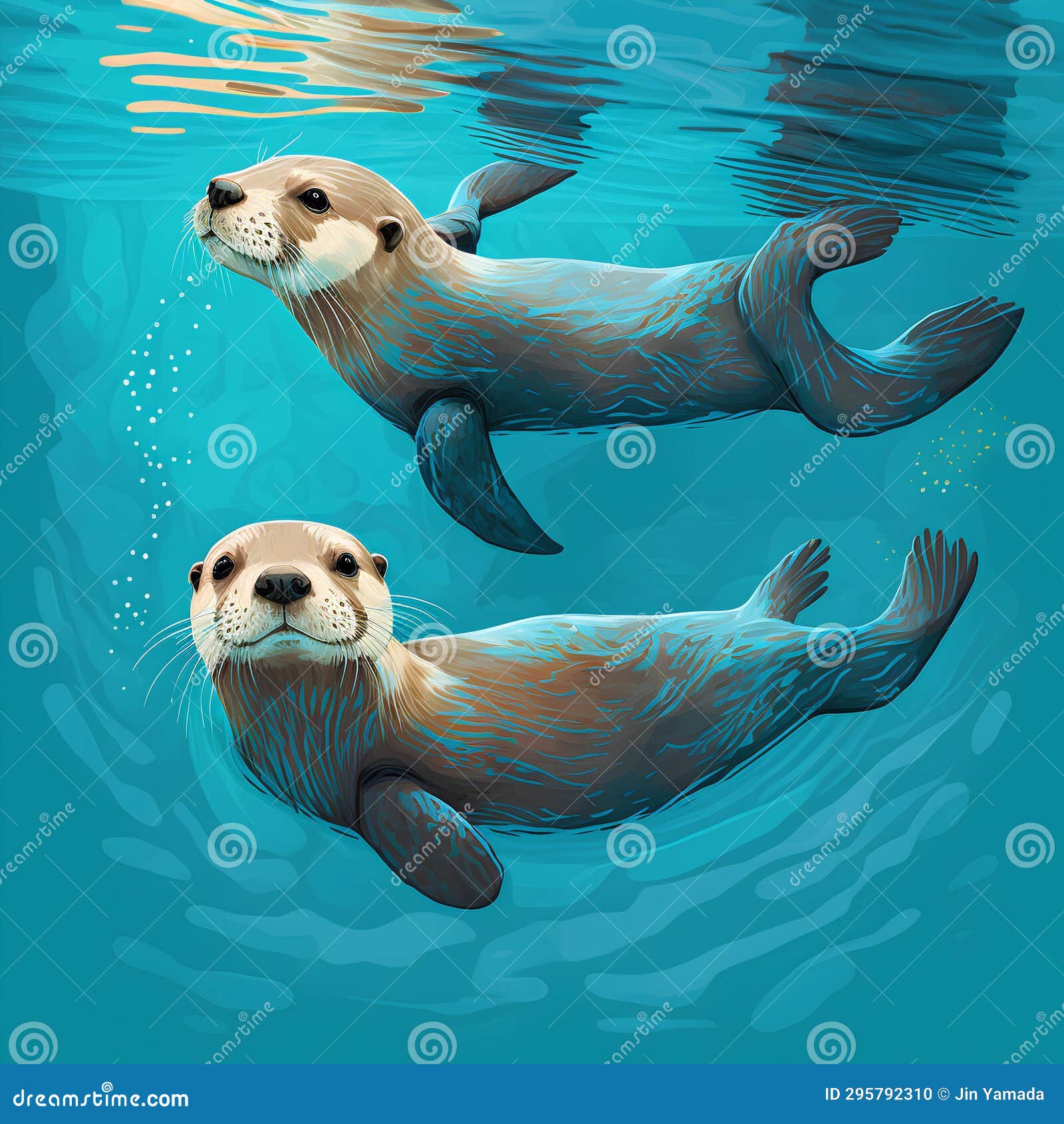 Cute Sea Otters Swimming in the Ocean. Vector Illustration Stock ...